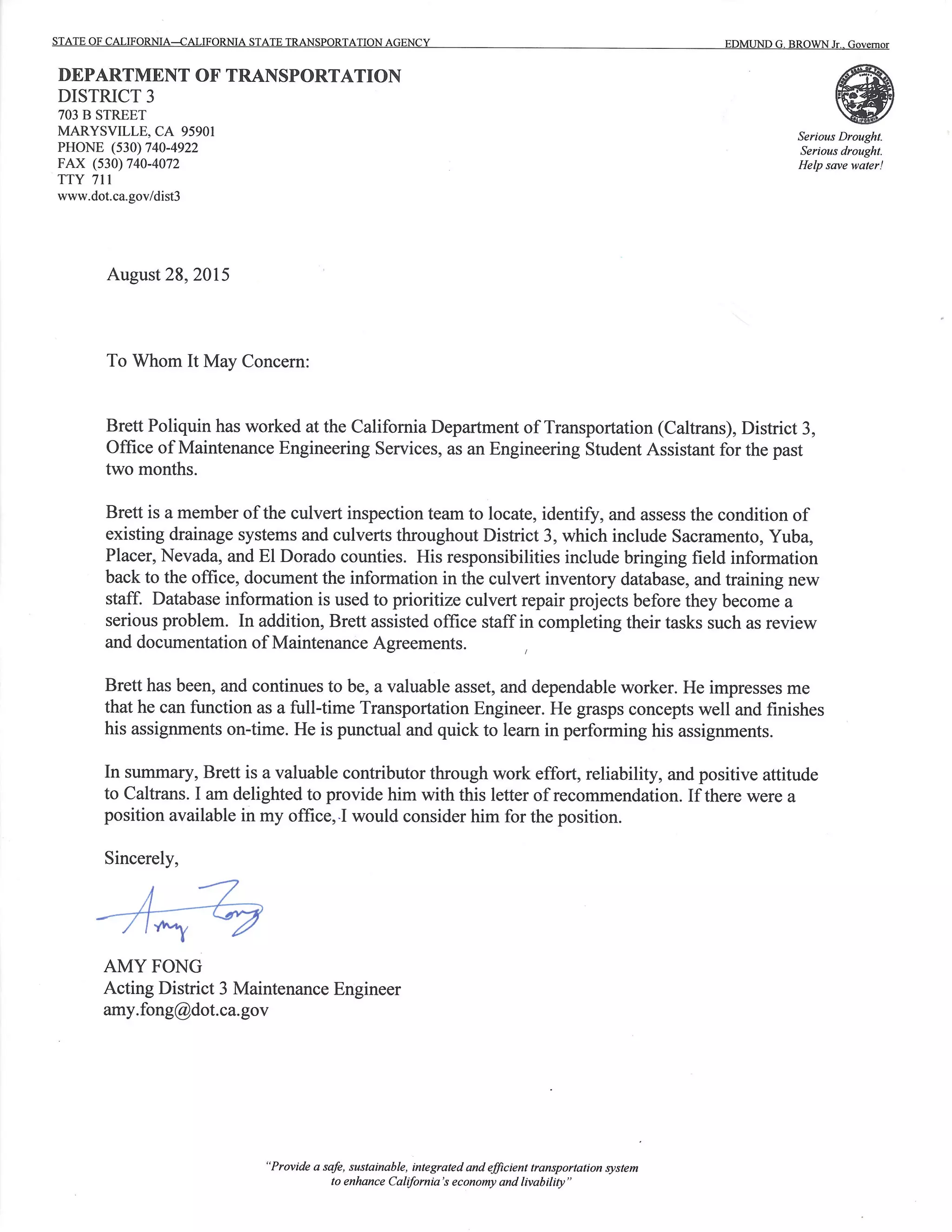 Letter of Recommendation Caltrans Supervisor | PDF
