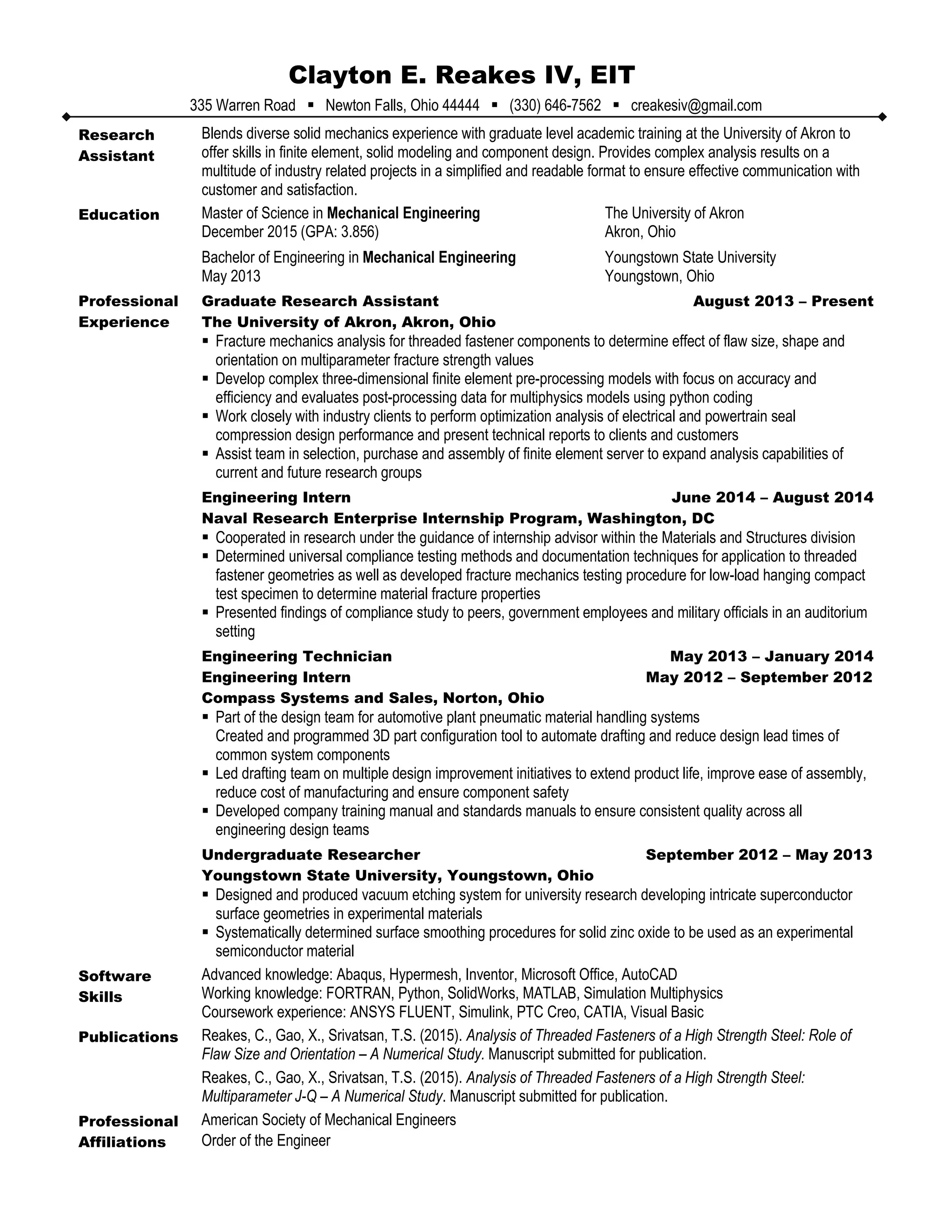 Clayton Reakes - Resume 12-30-15 | PDF