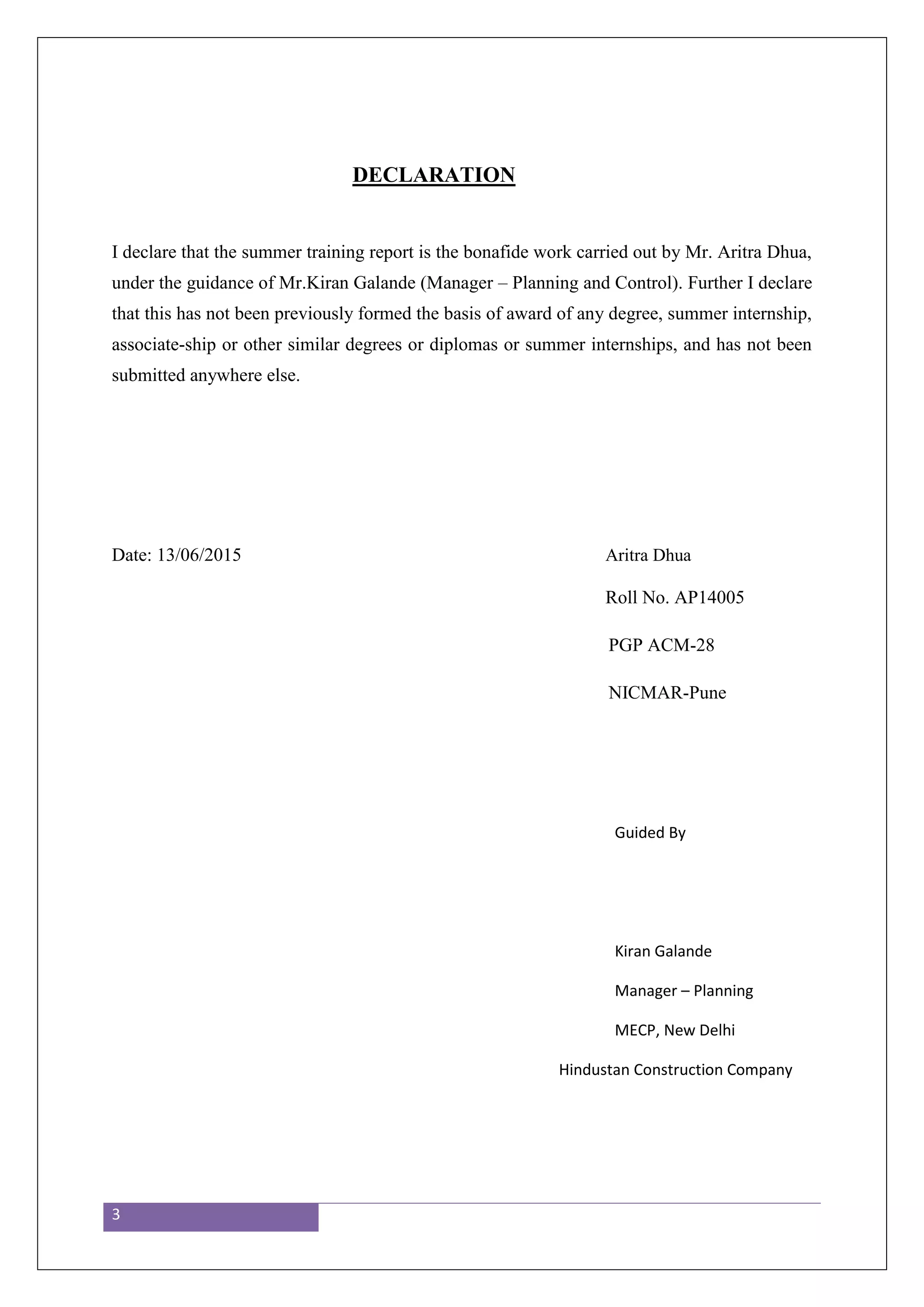 Aritra Final Report Declaration | PDF