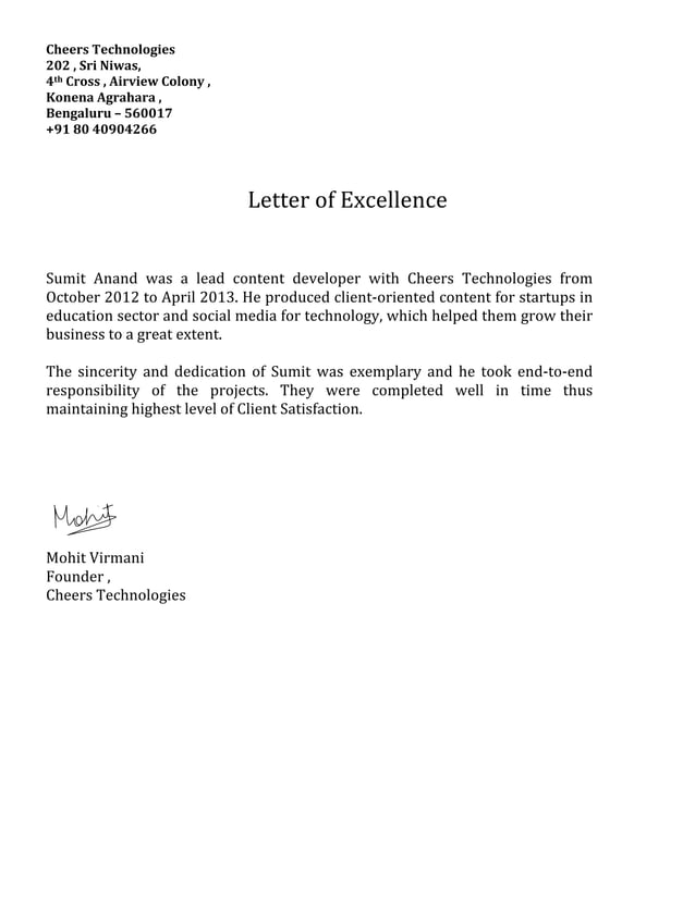 Letter of Excellence_Sumit Anand | PDF