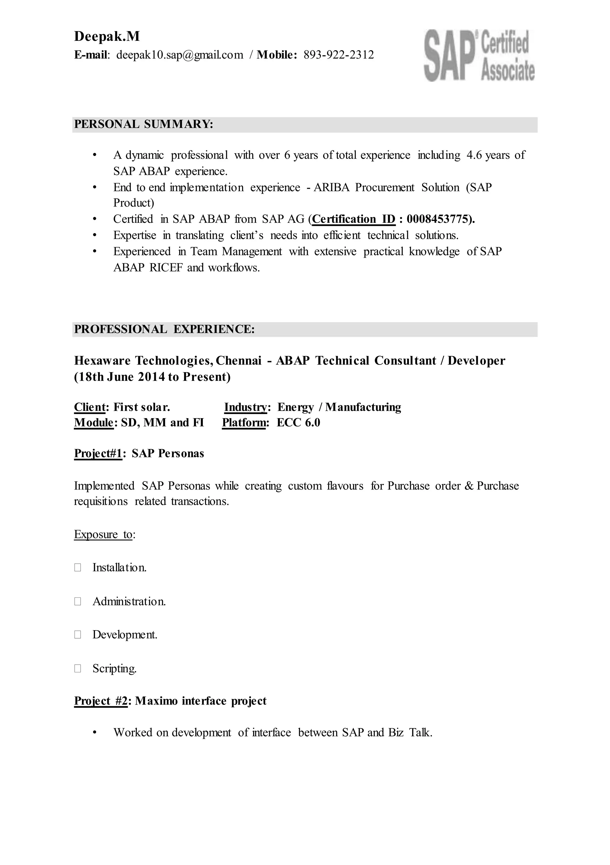 Deepak- Certified SAP ABAP consultant | PDF