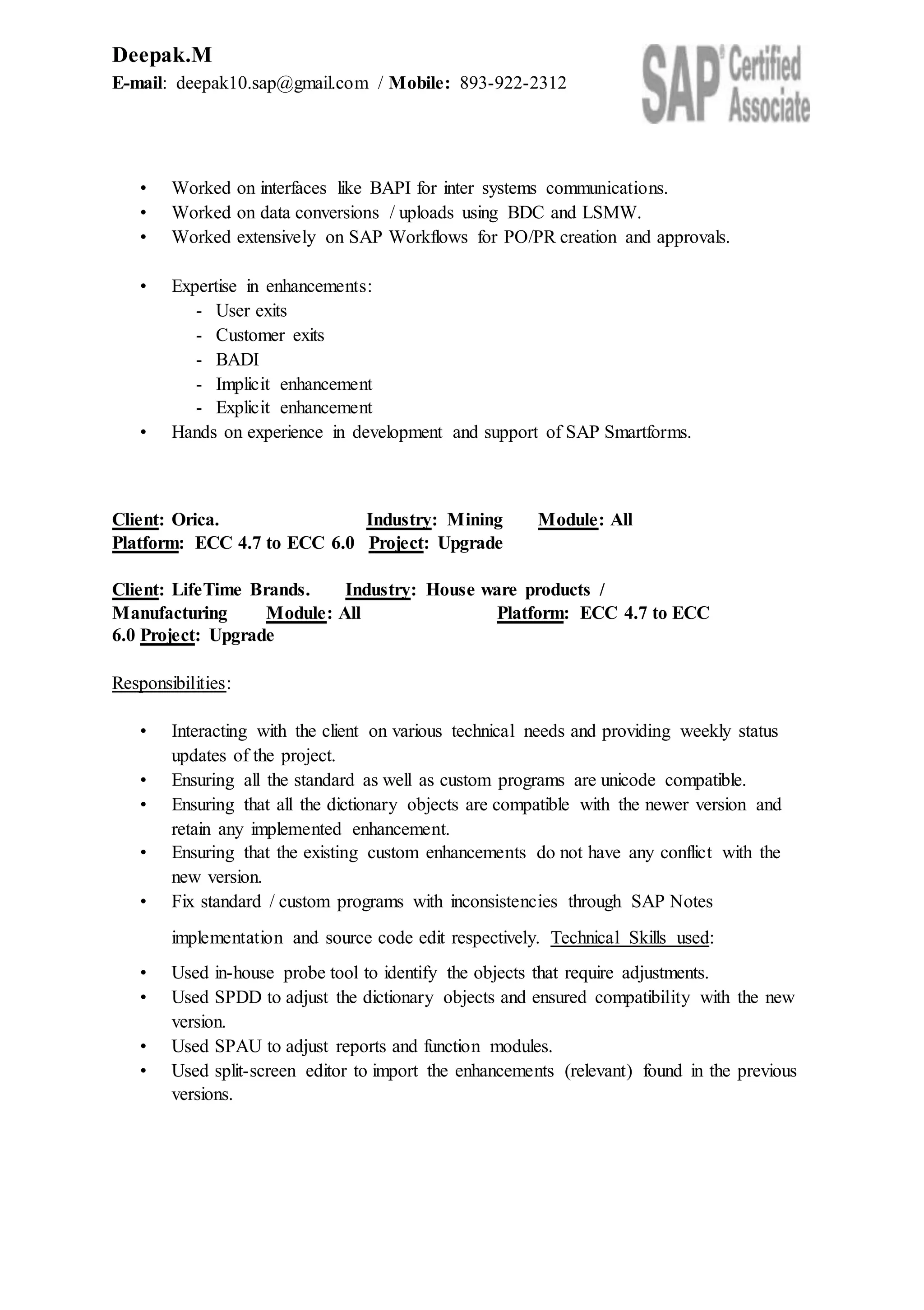 Deepak- Certified SAP ABAP consultant | PDF