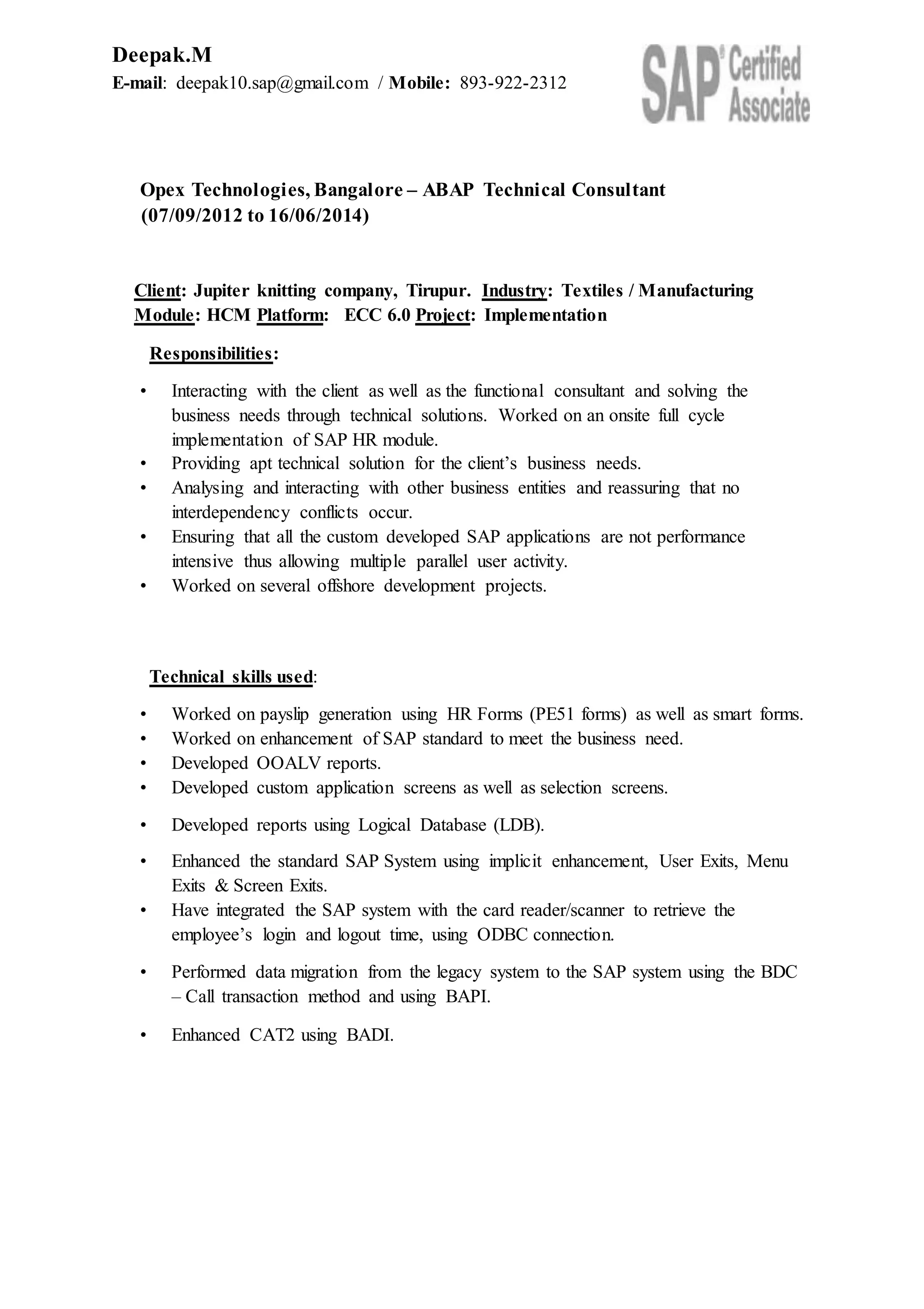 Deepak- Certified SAP ABAP consultant | PDF