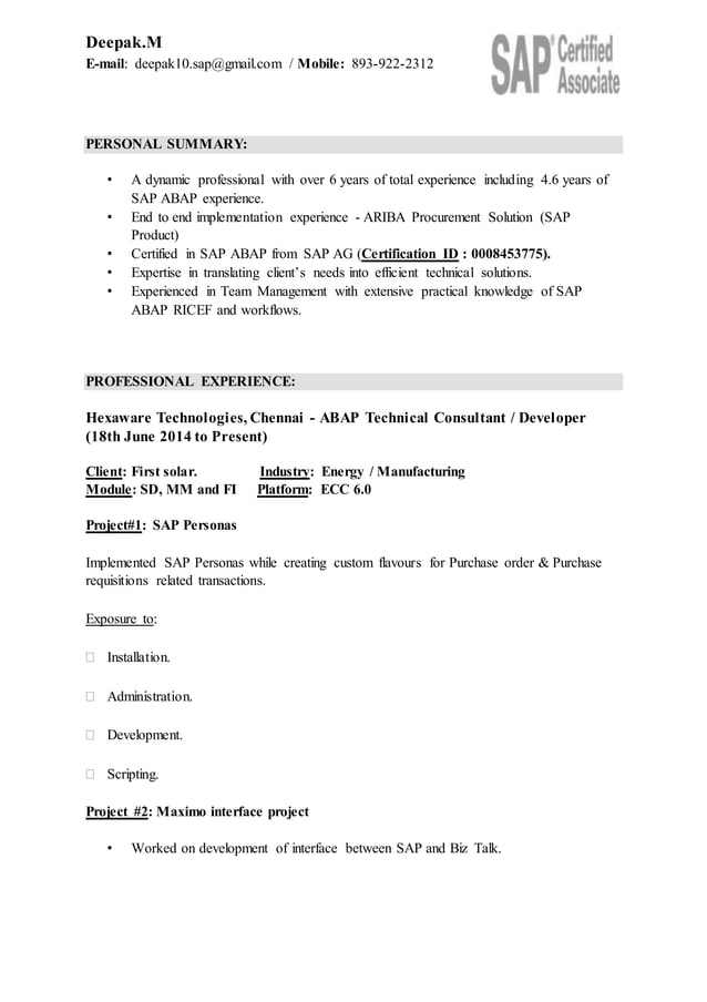 Deepak- Certified SAP ABAP consultant | PDF