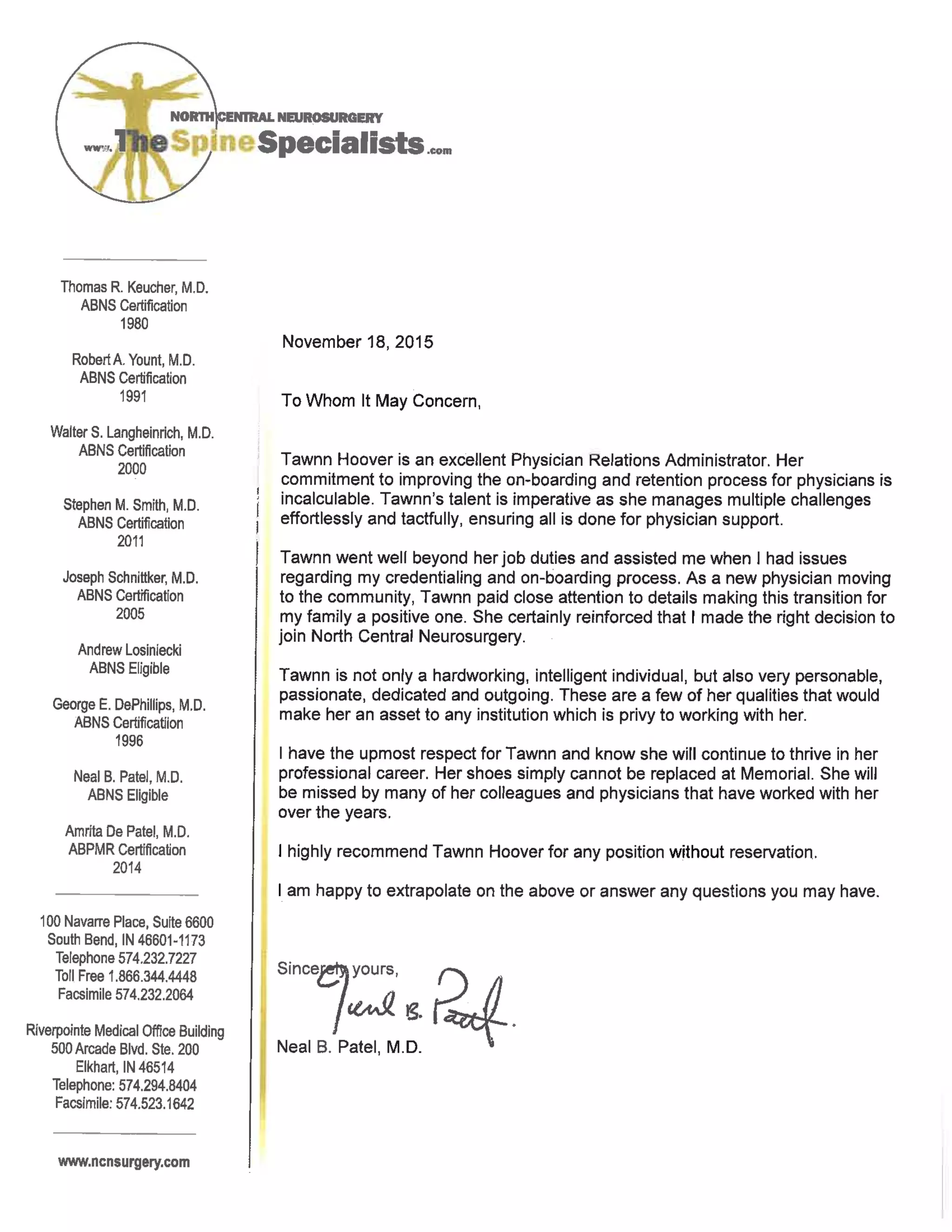 Neal Patel, MD Professional Reference Letter | PDF