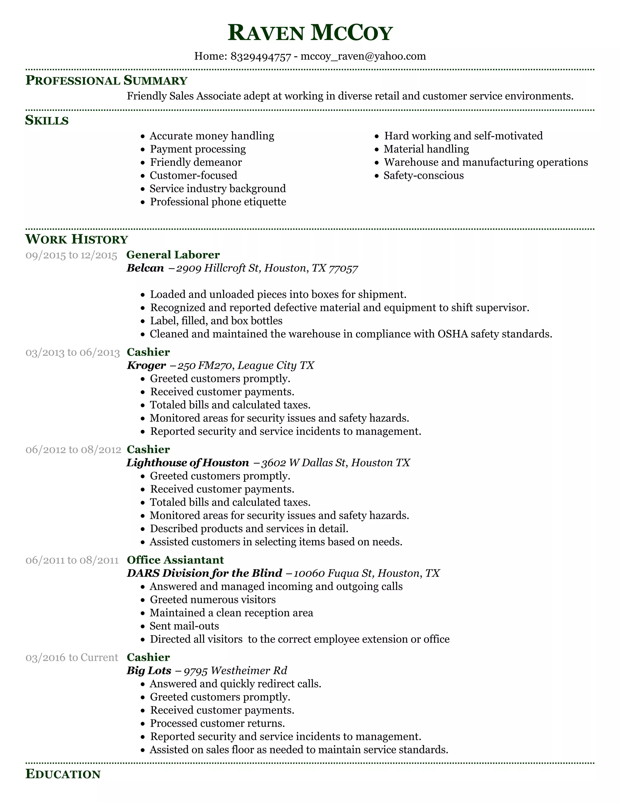 Raven McCoy Resume 1 | PDF