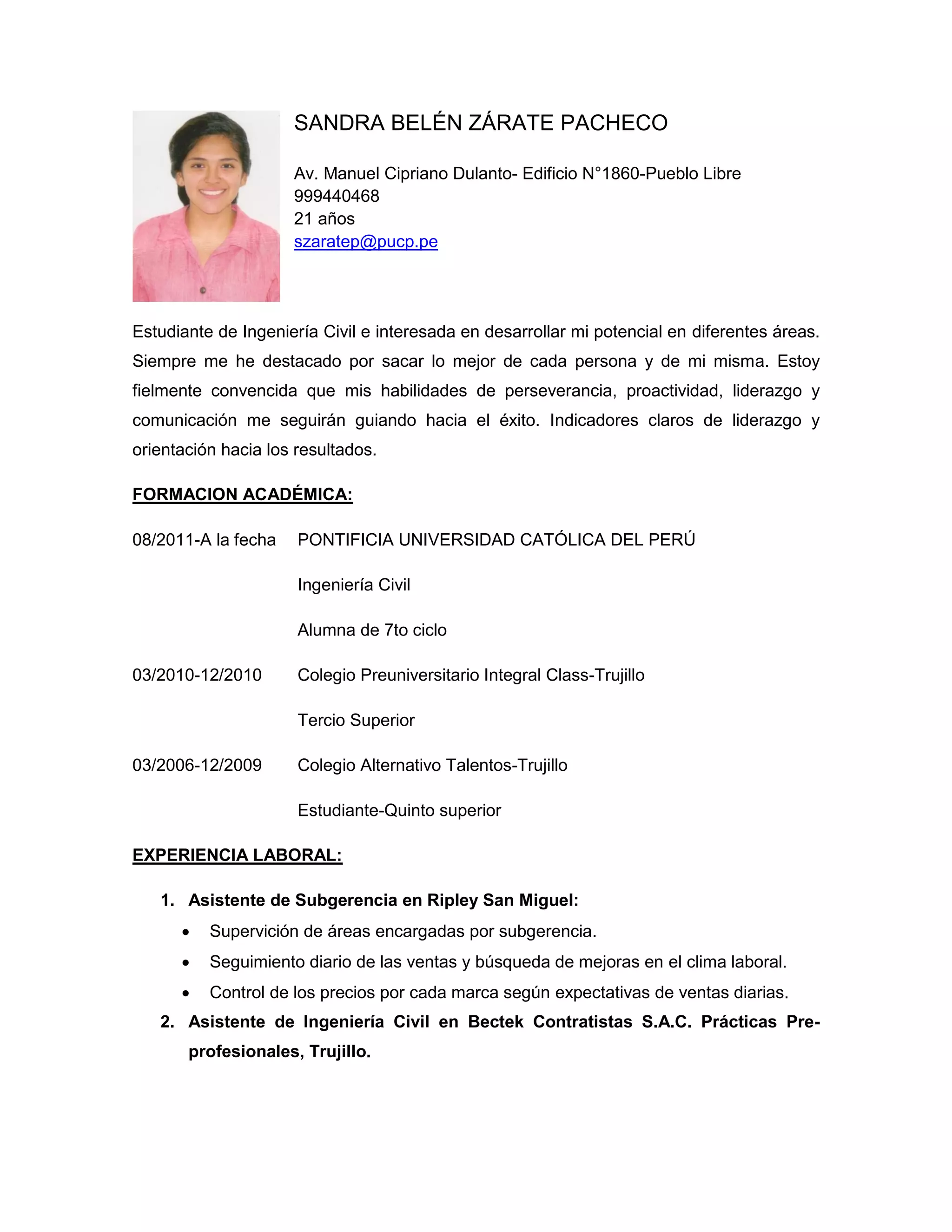 SANDRA BELÉN ZÁRATE PACHECO CV | PDF