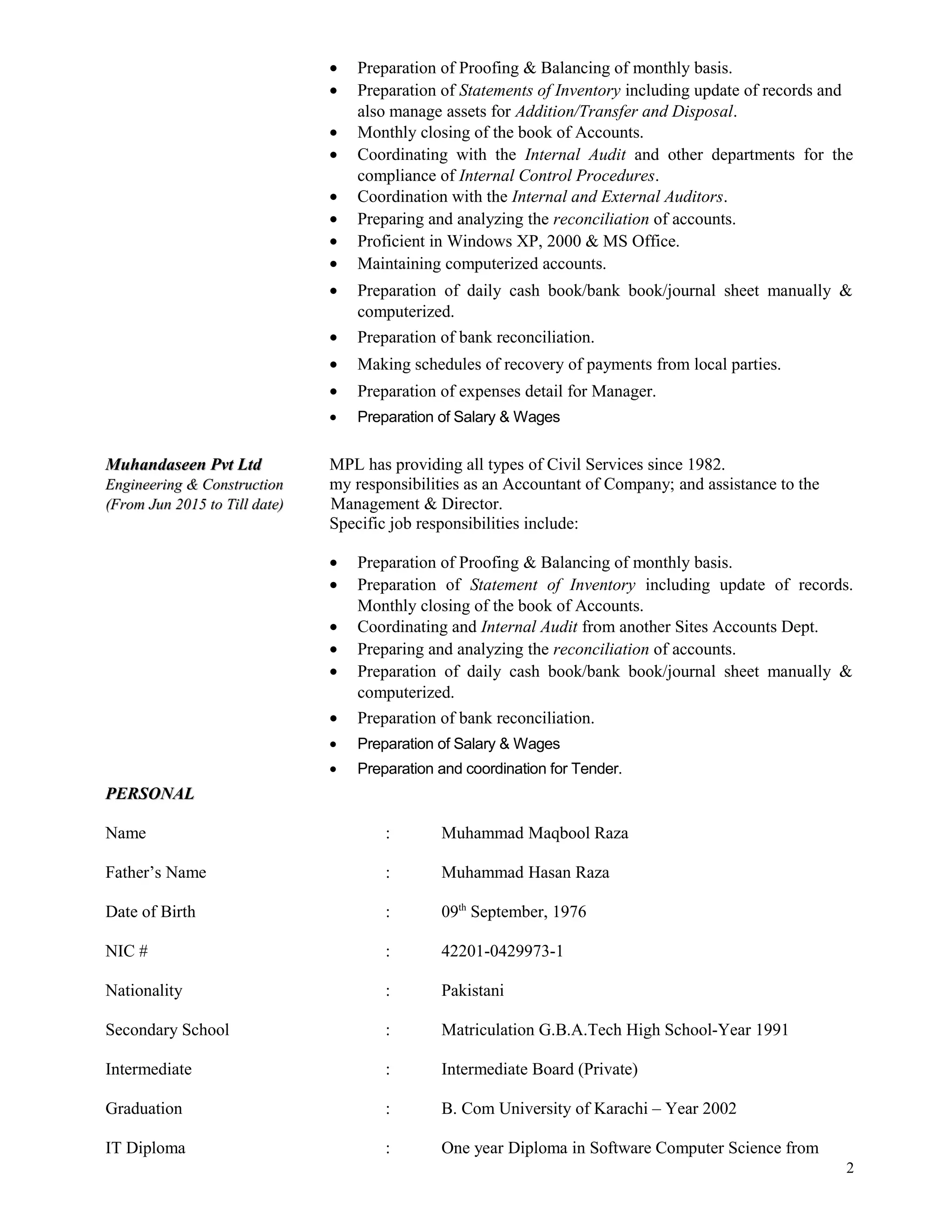 C.V- M. Maqbool Raza | PDF