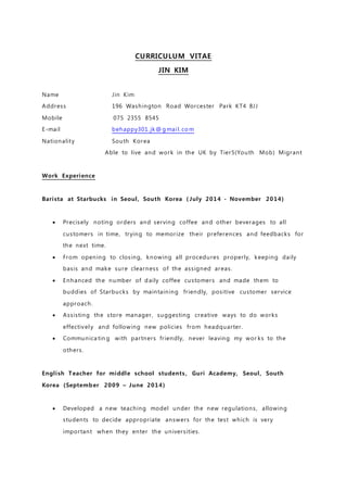 CV Jin Kim | DOCX | Food Industry | Industries