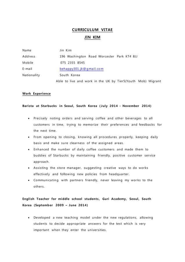 CV Jin Kim | DOCX | Food Industry | Industries