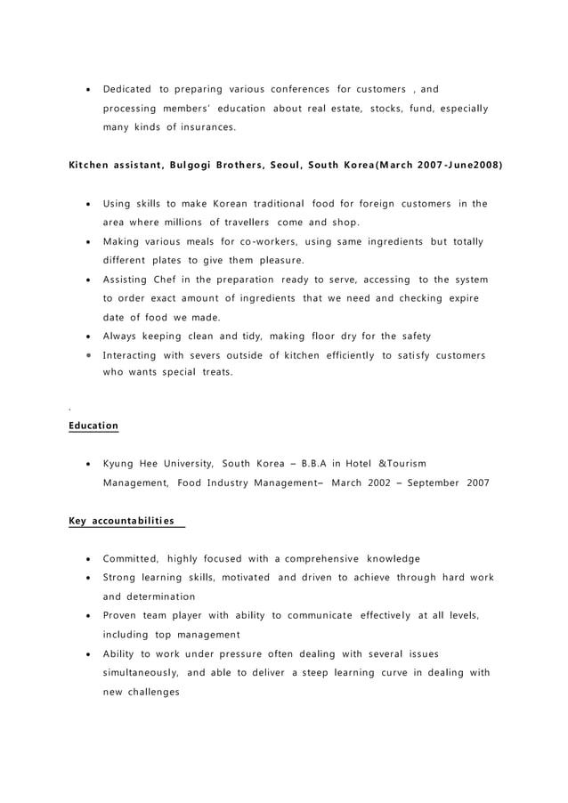 CV Jin Kim | DOCX | Food Industry | Industries