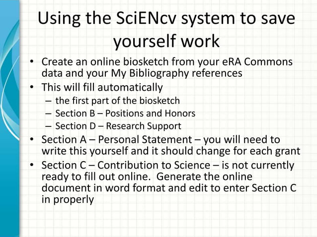 The Biosketch format, SciENcv and the paper | PPT