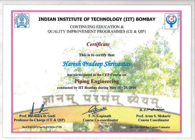 IIT Bombay CE & QIP Certificate Course Piping Engineering 2016 | PPT