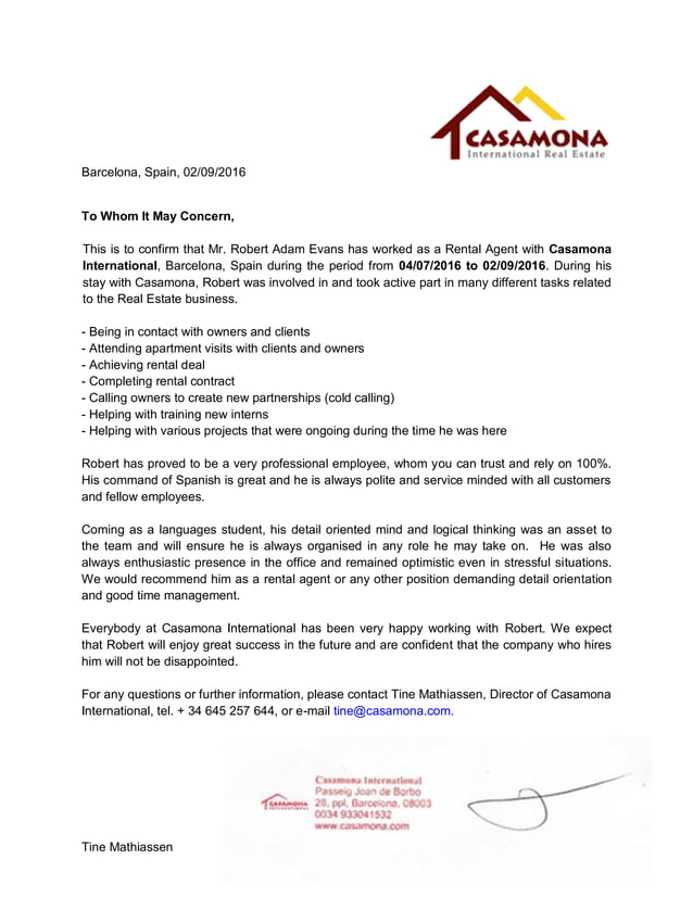 Robert Evans - Casamona Reference Letter | PDF