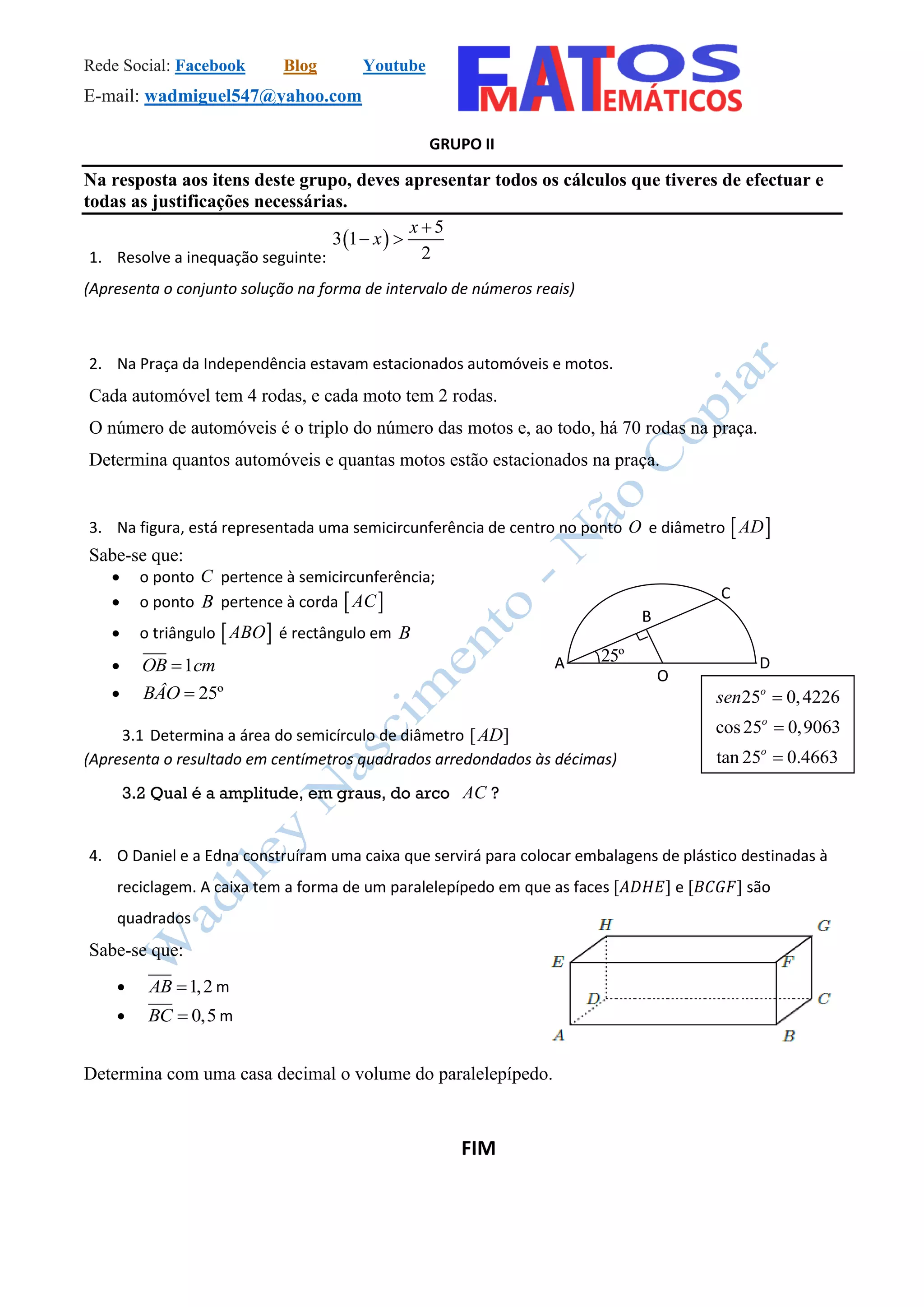 Exame Nacional de Matemática 9ª Classe | PDF