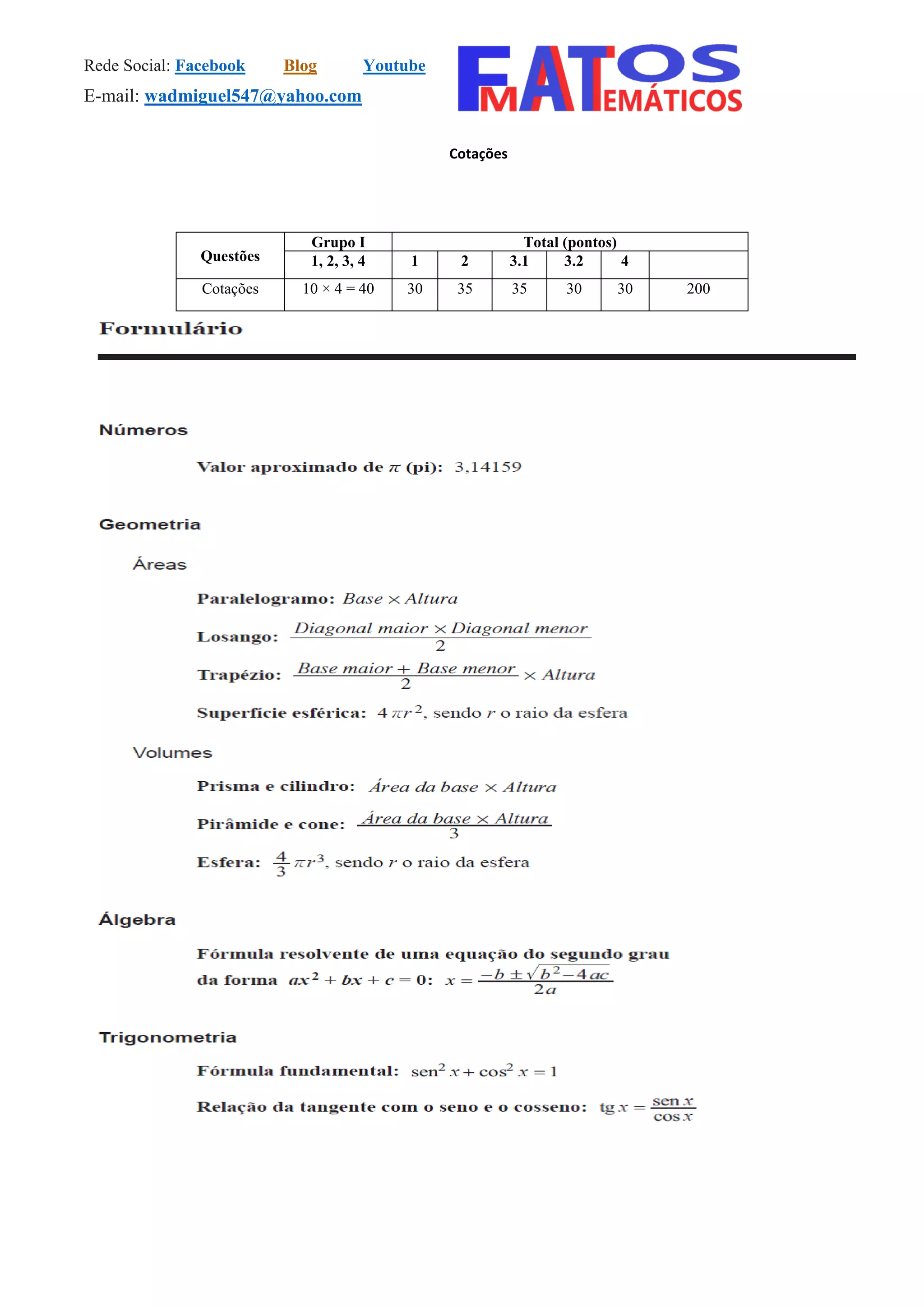 Exame Nacional de Matemática 9ª Classe | PDF