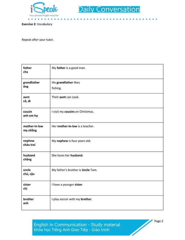 Chapter 1 unit 2. my family | PDF