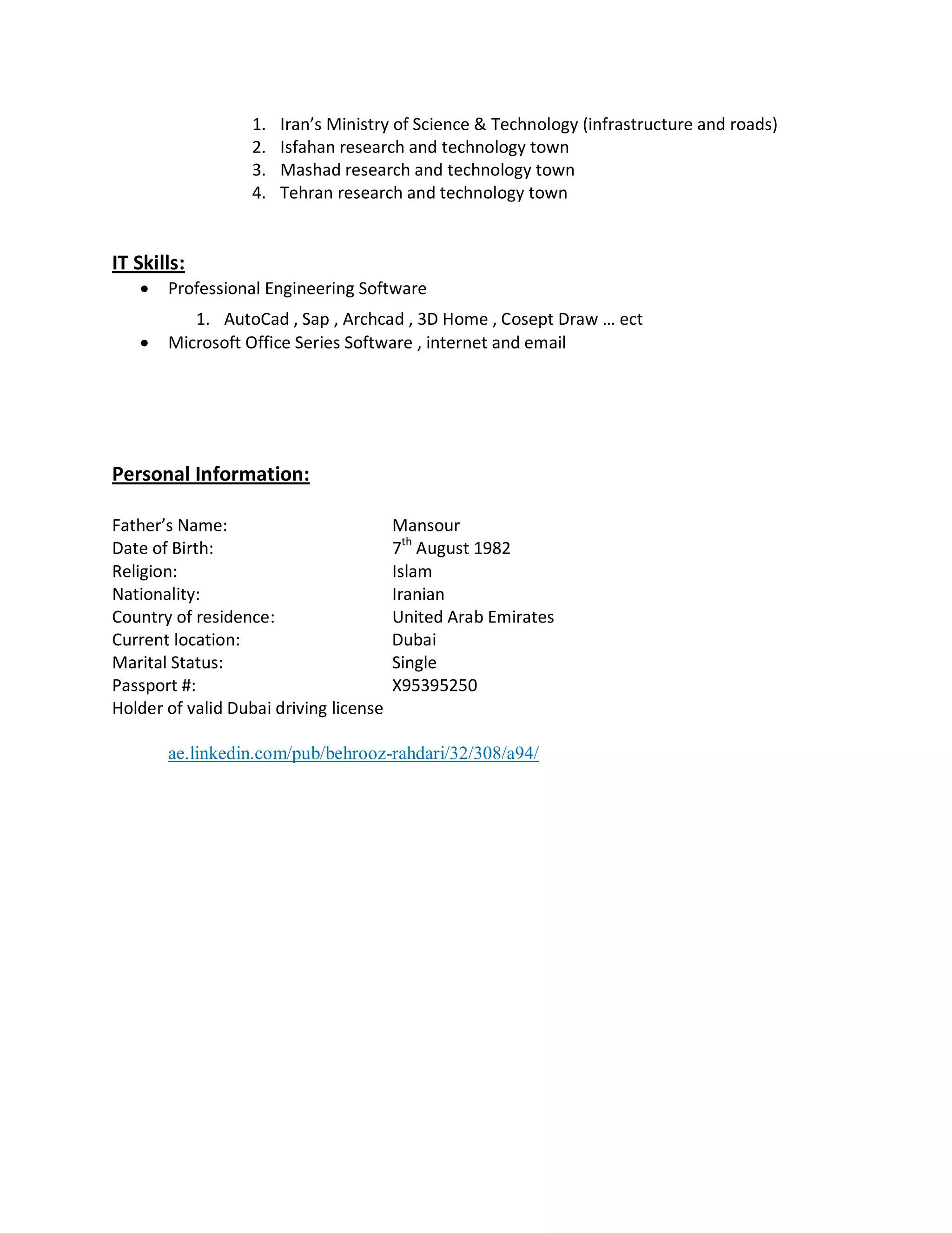 CV Behrouz Rahdari 2015 N | PDF | Civil Engineering Industry | Industries