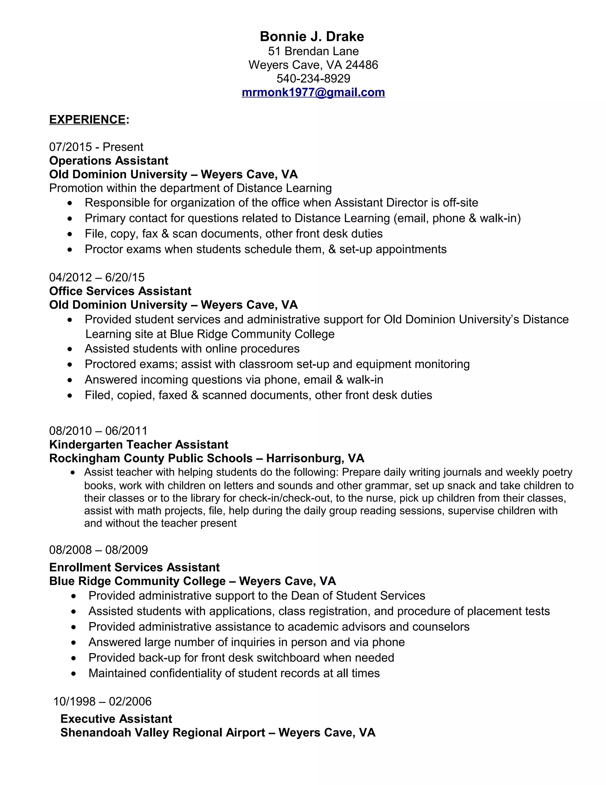 Resume for Bonnie J. Drake 07-2016 | DOC