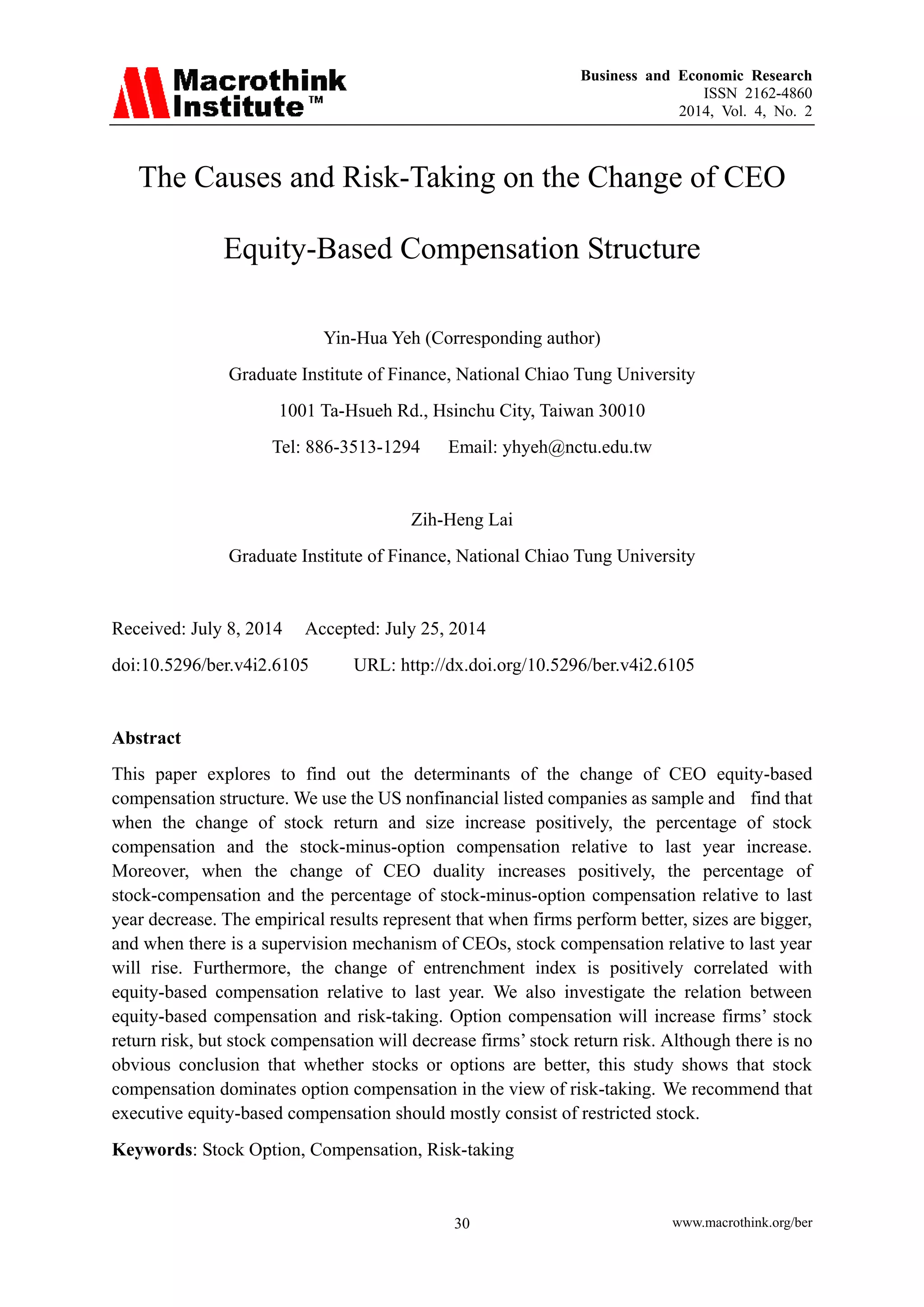 The causes and risk-taking on the change of CEO equity-based ...