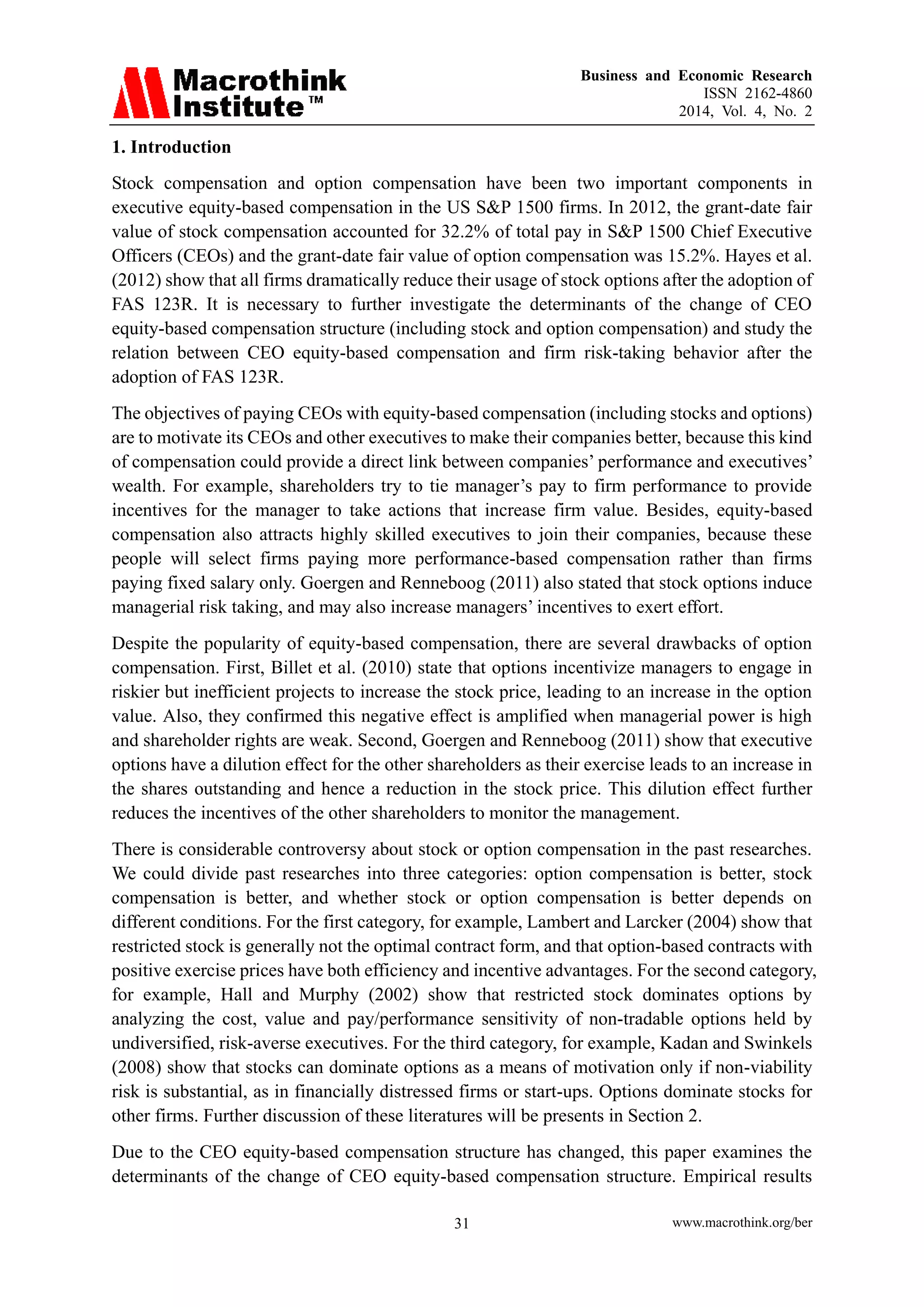 The causes and risk-taking on the change of CEO equity-based compensation | PDF