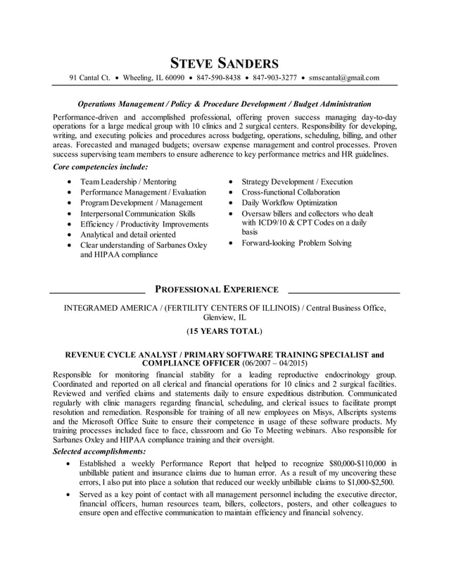 Sanders, Steve Resume, 2015 | DOCX | Health Insurance | Insurance