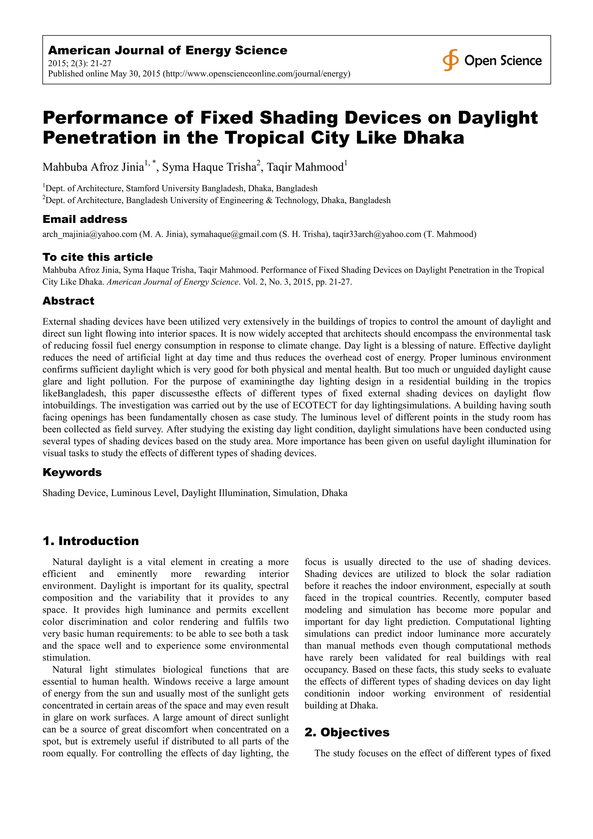 Performance of Fixed Shading Devices on Daylight Penetration in the ...