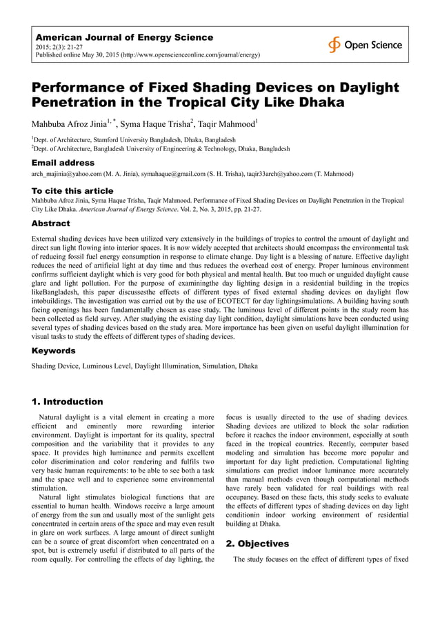Performance of Fixed Shading Devices on Daylight Penetration in the ...