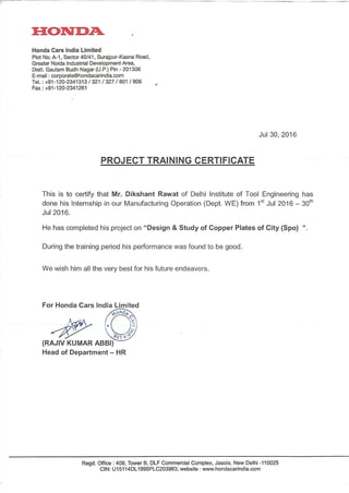 HONDA TRAINING CERTIFICATE | PDF