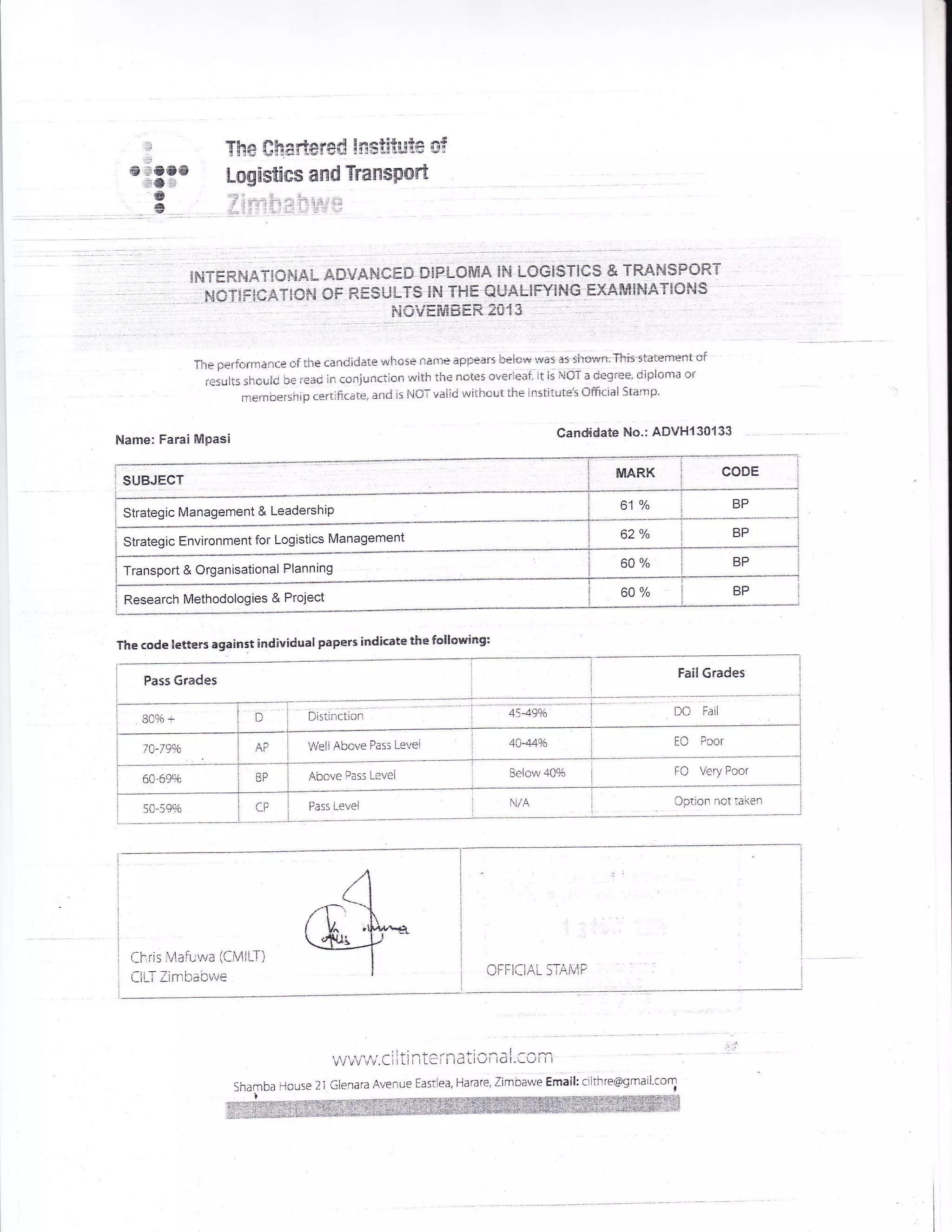 Farai CILT(UK) Advanced Diploma in Log and Trspt Results-1 | PDF