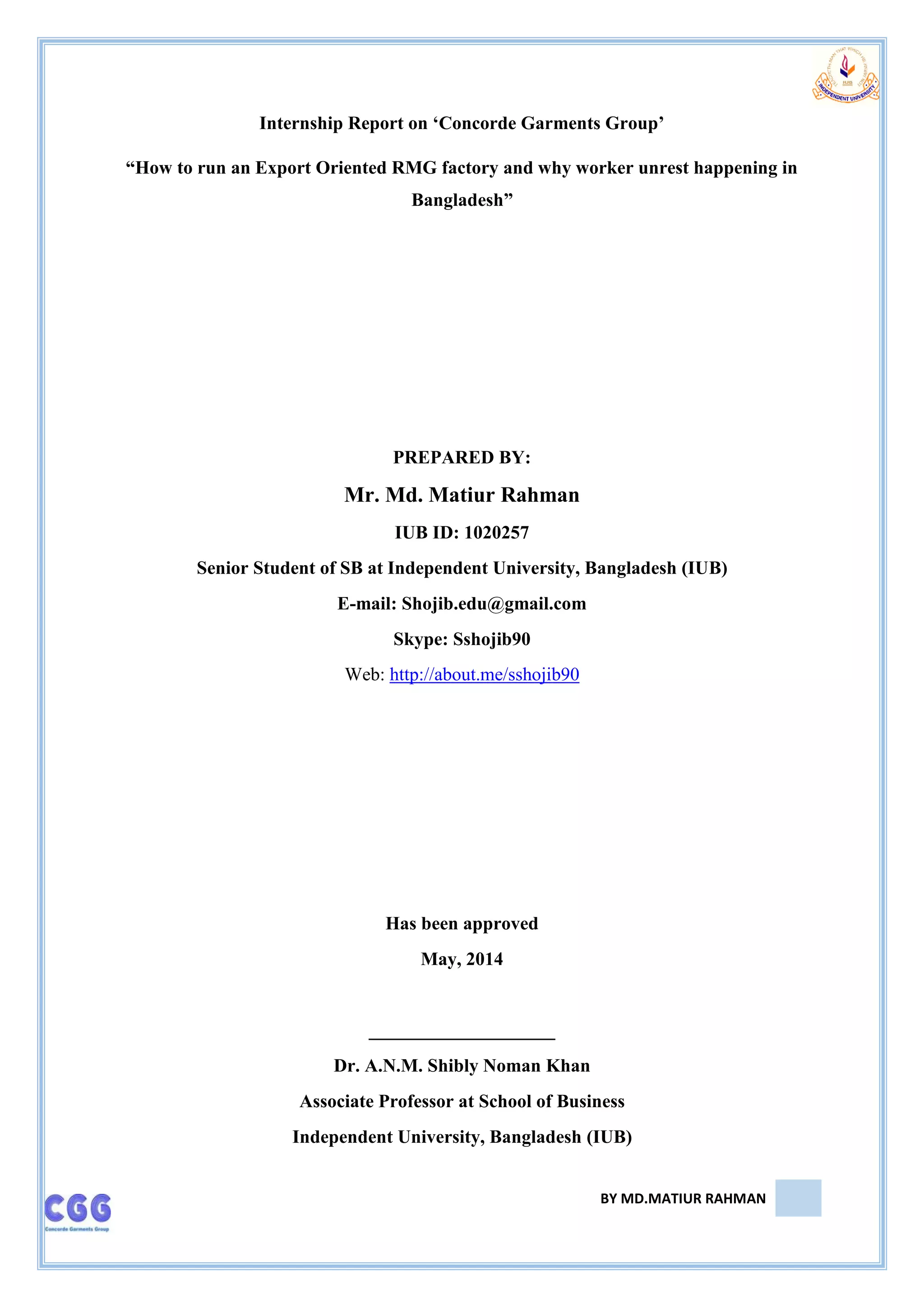 An Internship report on Concorde Garments Group's Cover page and letter | PDF