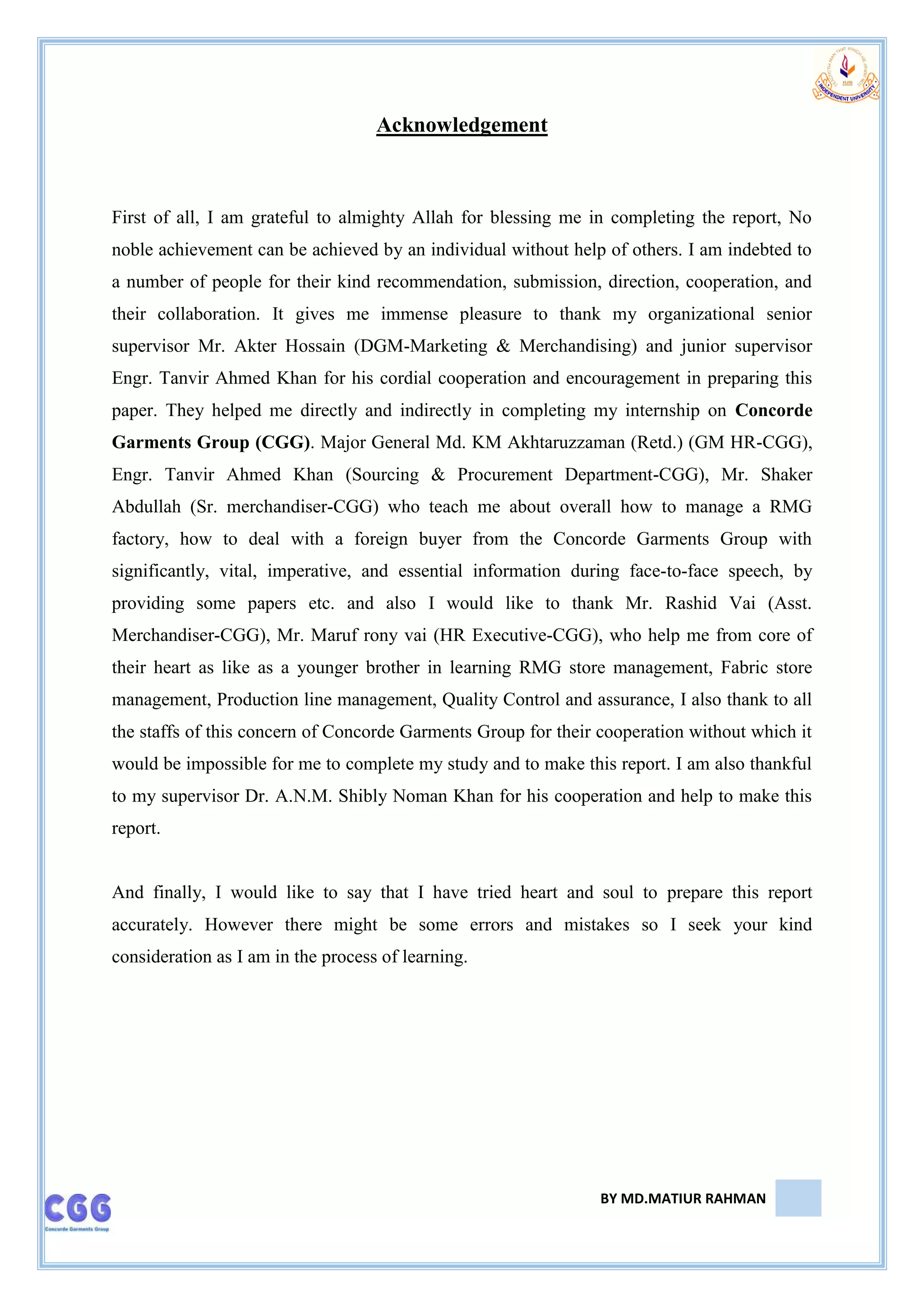 An Internship report on Concorde Garments Group's Cover page and letter ...
