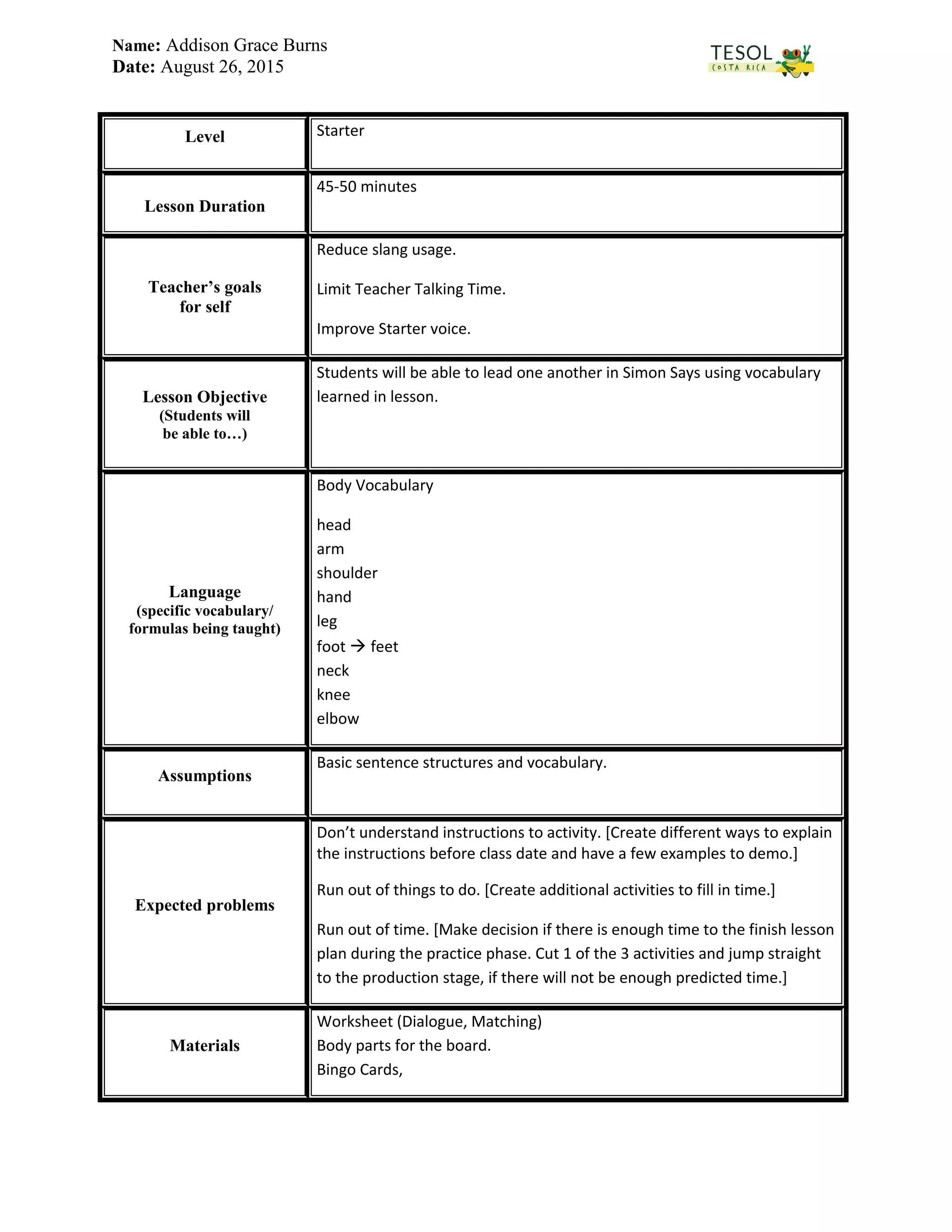 Body Parts Lesson Plan | DOC