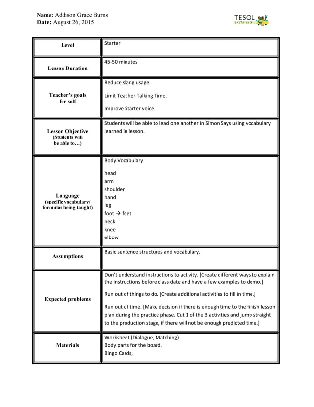 Body Parts Lesson Plan | DOC