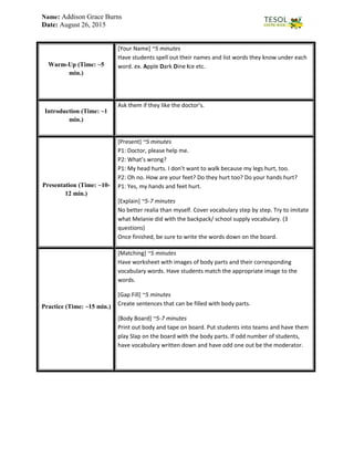 Body Parts Lesson Plan | DOC