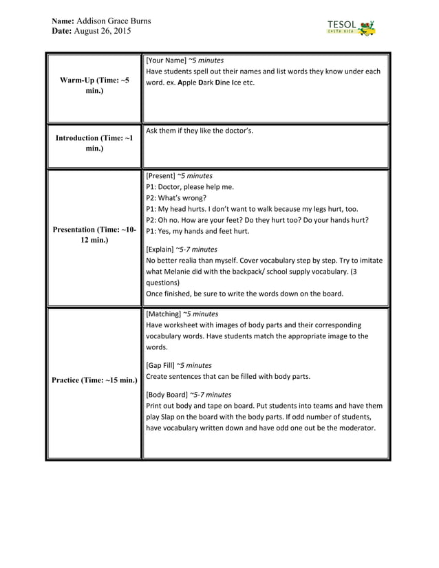 Body Parts Lesson Plan | DOC