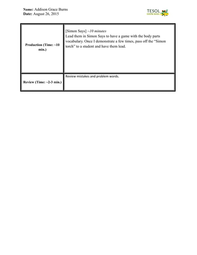 Body Parts Lesson Plan | DOC