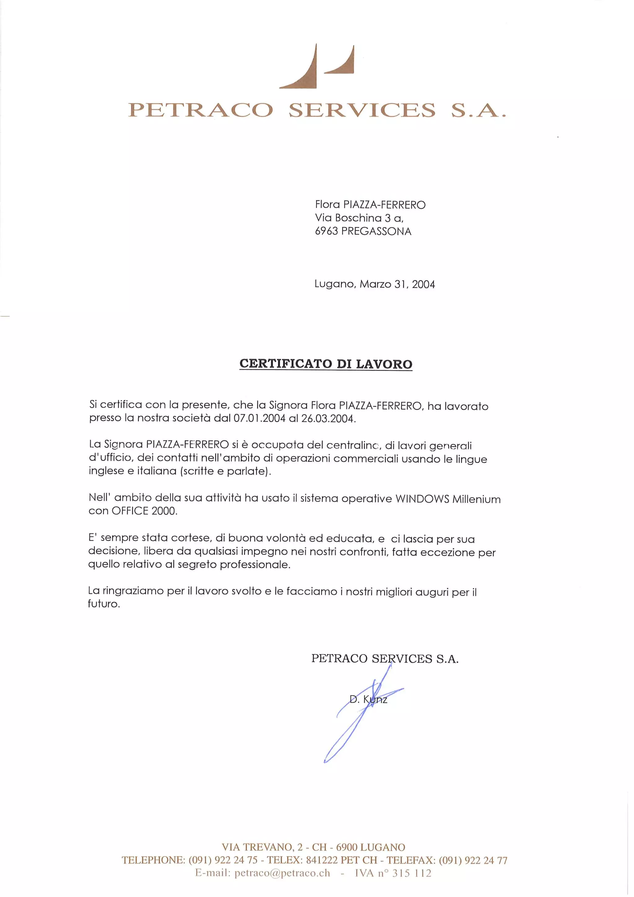 040331 PETRACO CERTIFICATO LAVORO | PDF