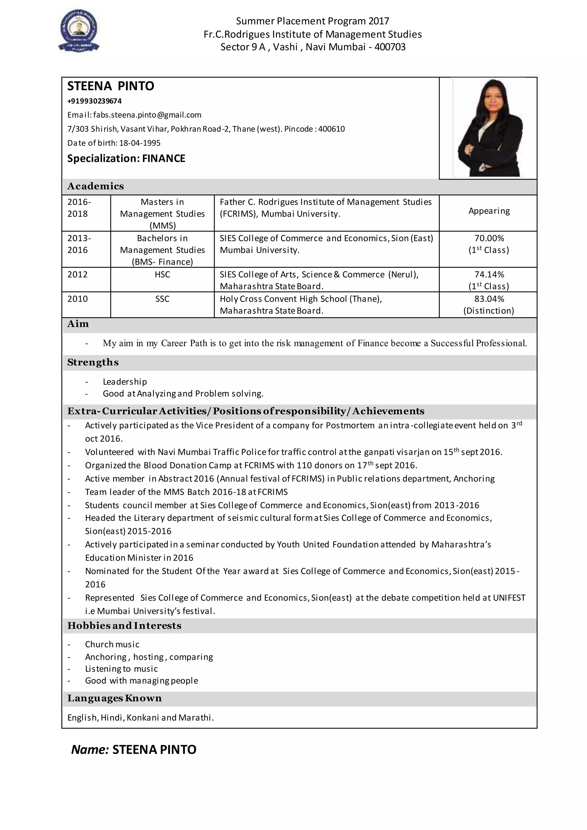 Steena Pinto - RESUME | DOCX