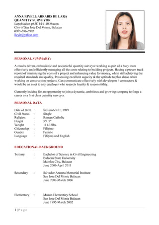Anna Riyell A. de Lara (Quantity Surveyor) - (10.1.16) | PDF