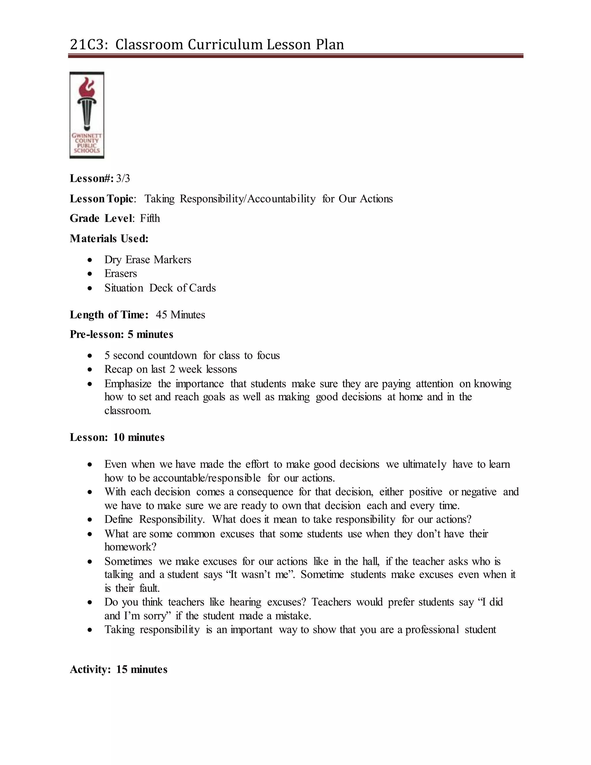 Lesson Three- Taking Responsibility-Accountability | DOCX