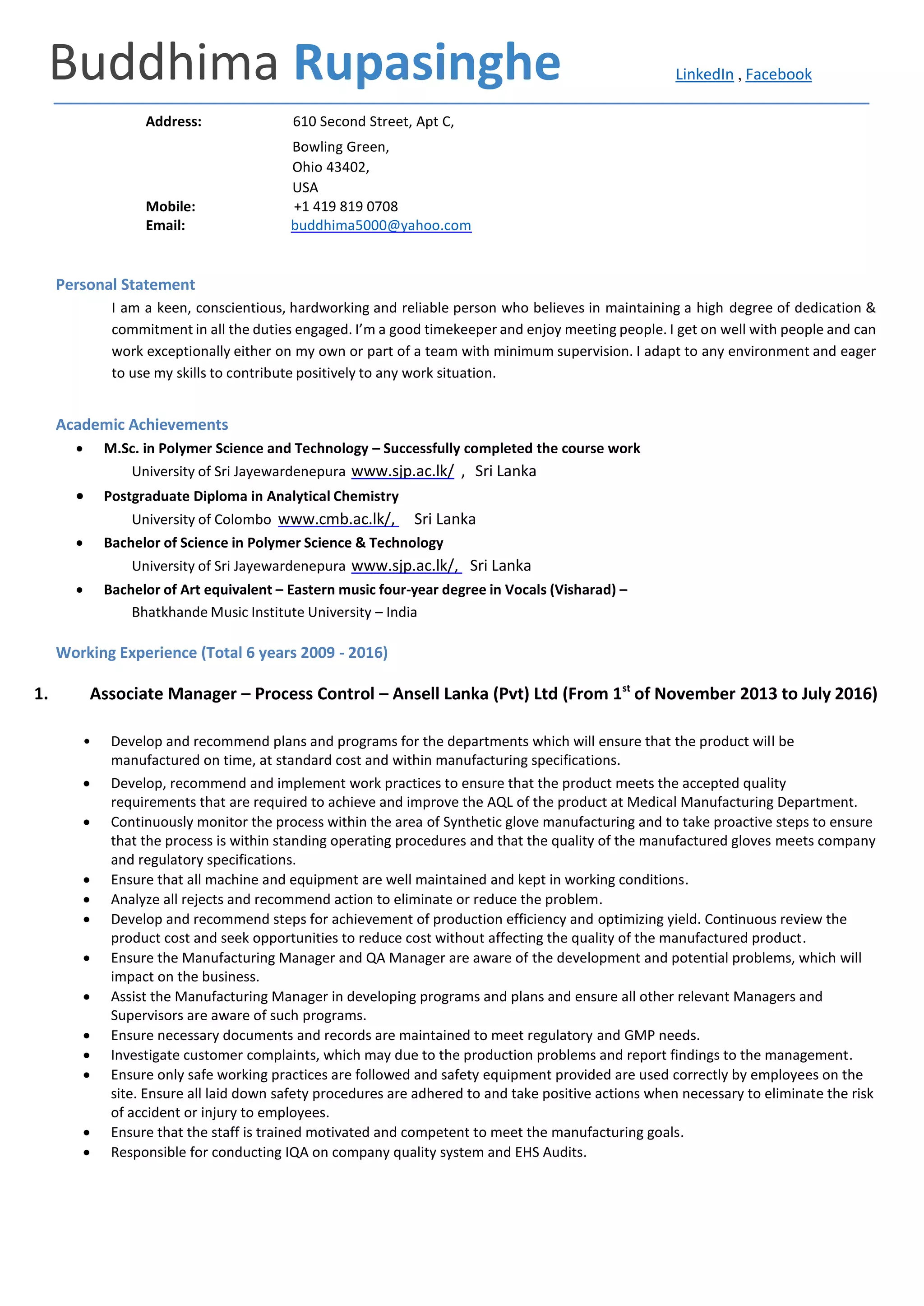 Buddhima Rupasinghe Resume New | PDF | Manufacturing Industry | Industries