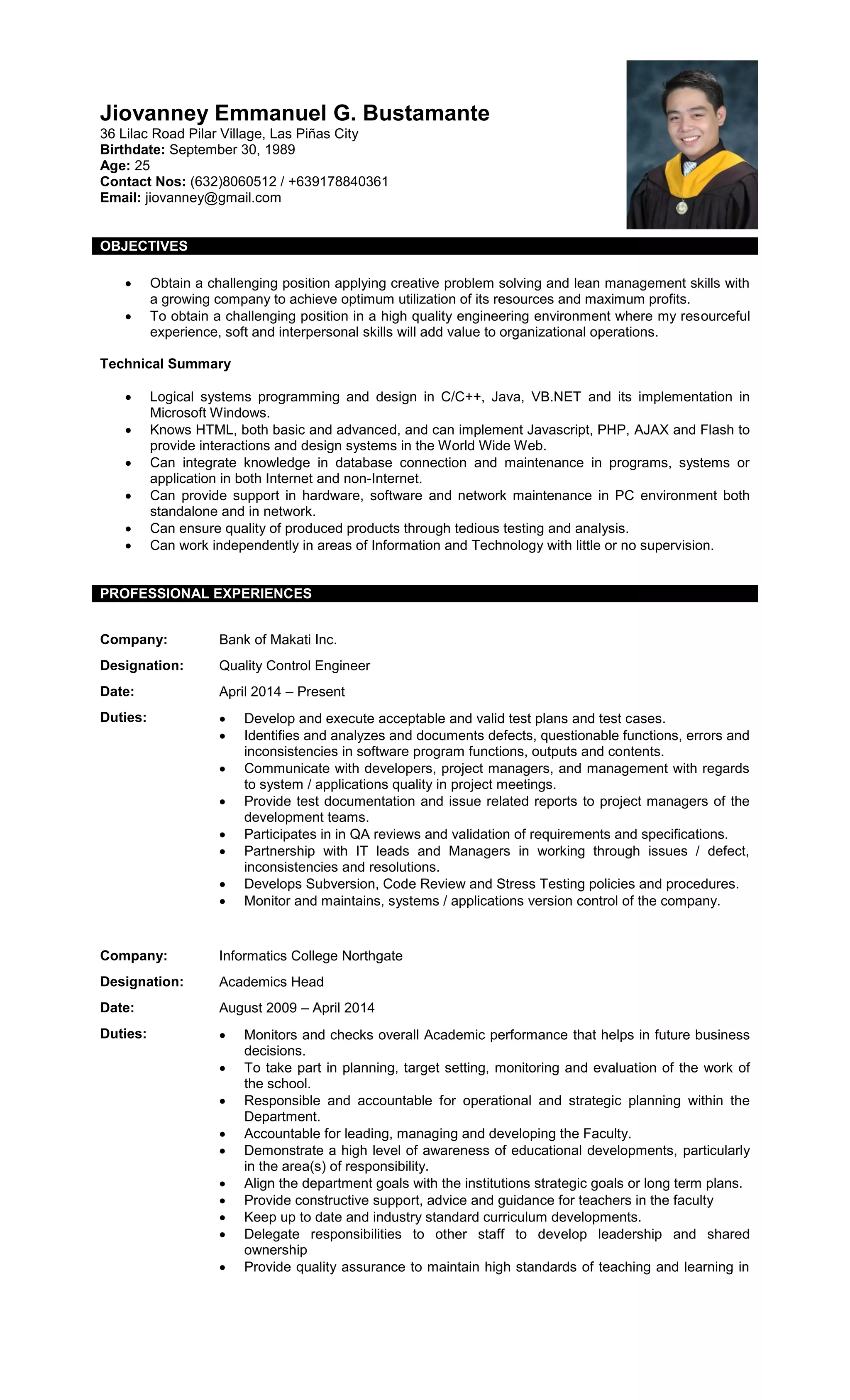 RESUME_JIOVANNEY EMMANUEL BUSTAMANTE2 | PDF | Computer Software and Applications | Computing