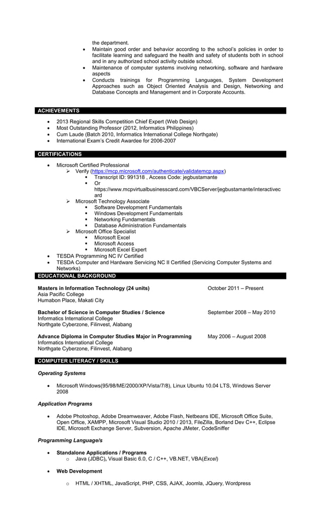 RESUME_JIOVANNEY EMMANUEL BUSTAMANTE2 | PDF | Computer Software and Applications | Computing