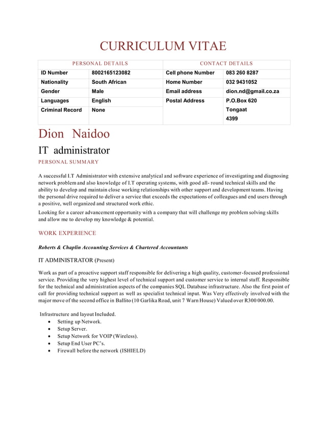 Dion Naidoo C.V | PDF | IT and Internet Support | Internet
