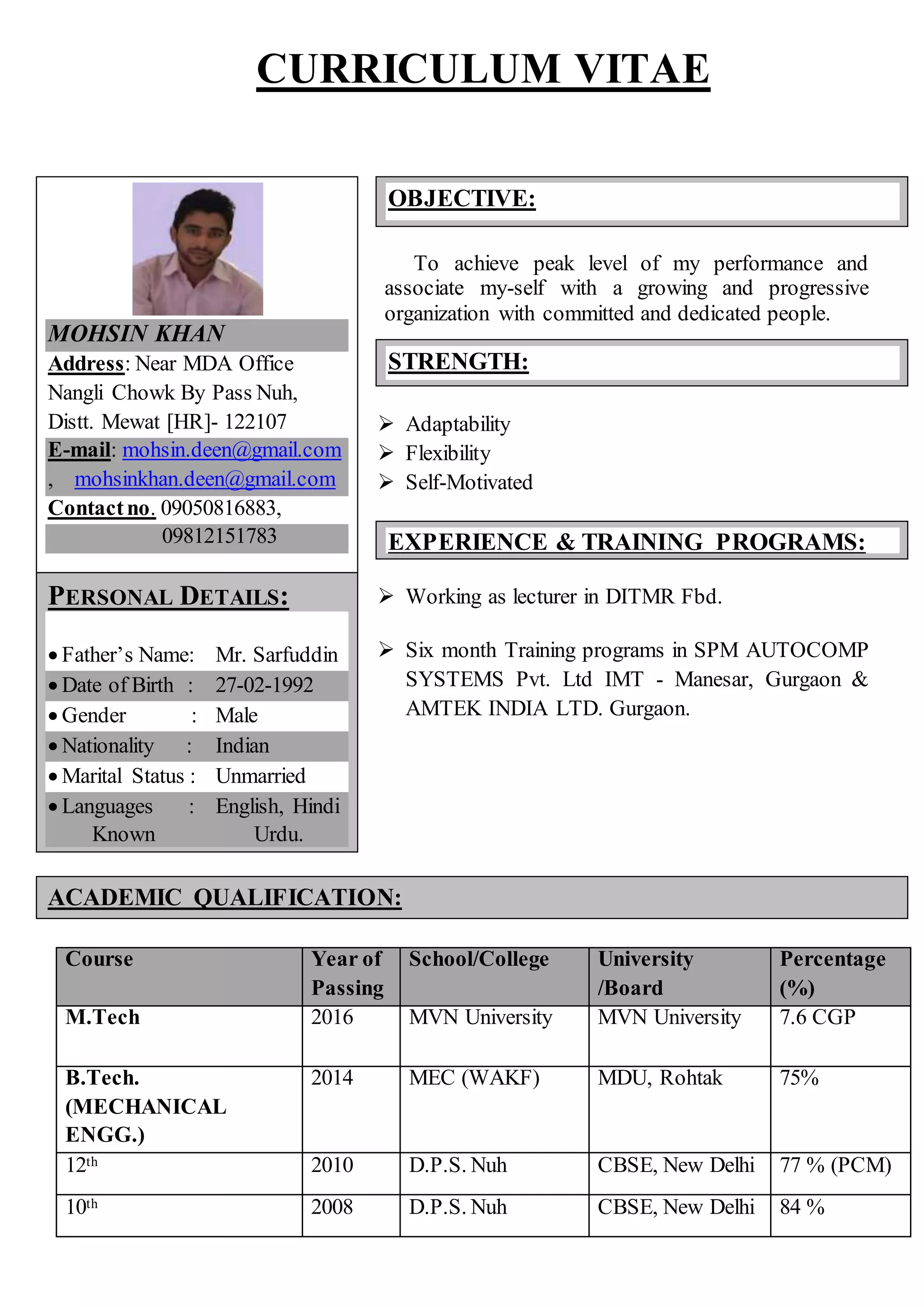 mohsin resume m.tech
