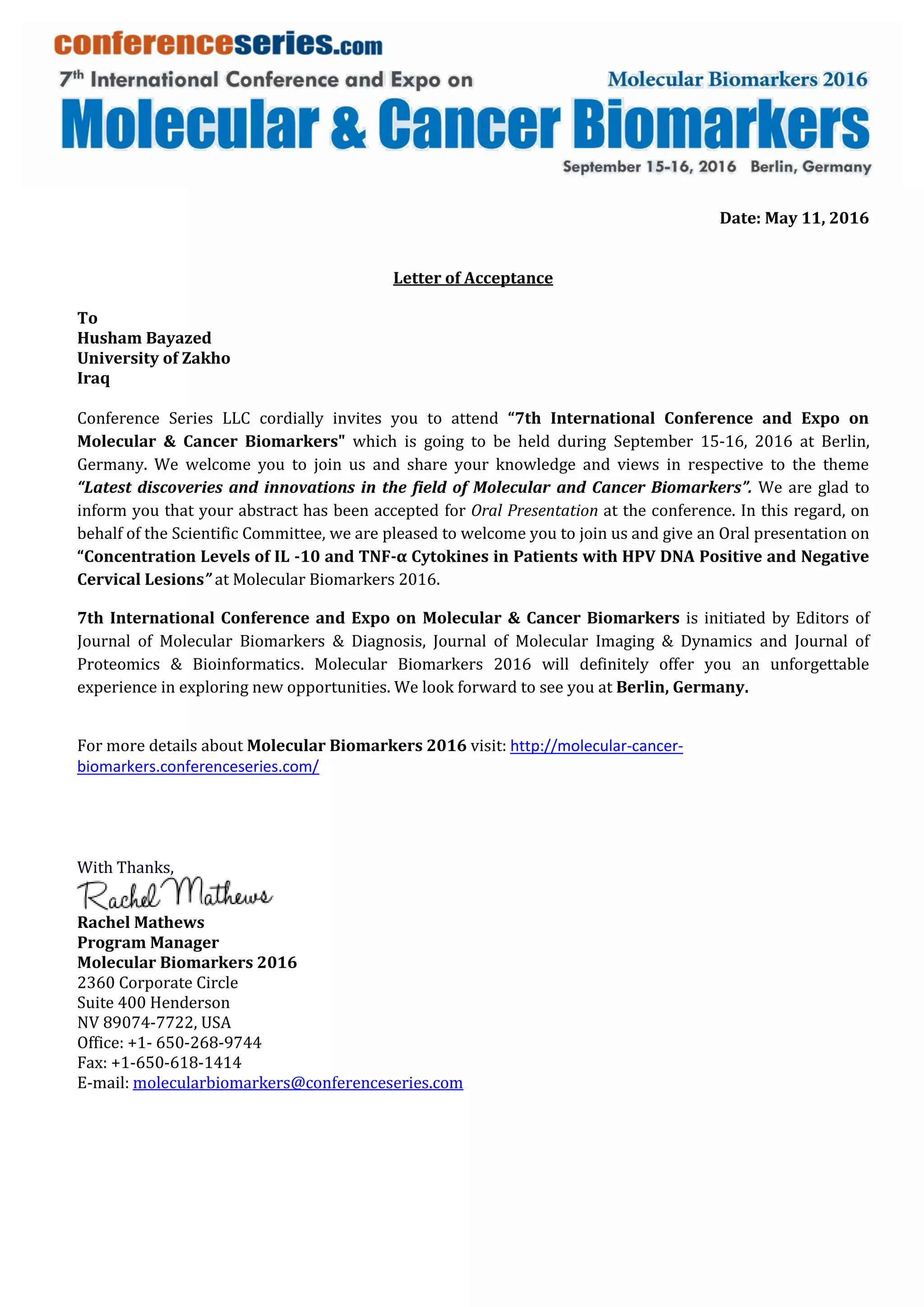 Husham Bayazed_Letter of Acceptance Berlin Conference | PDF