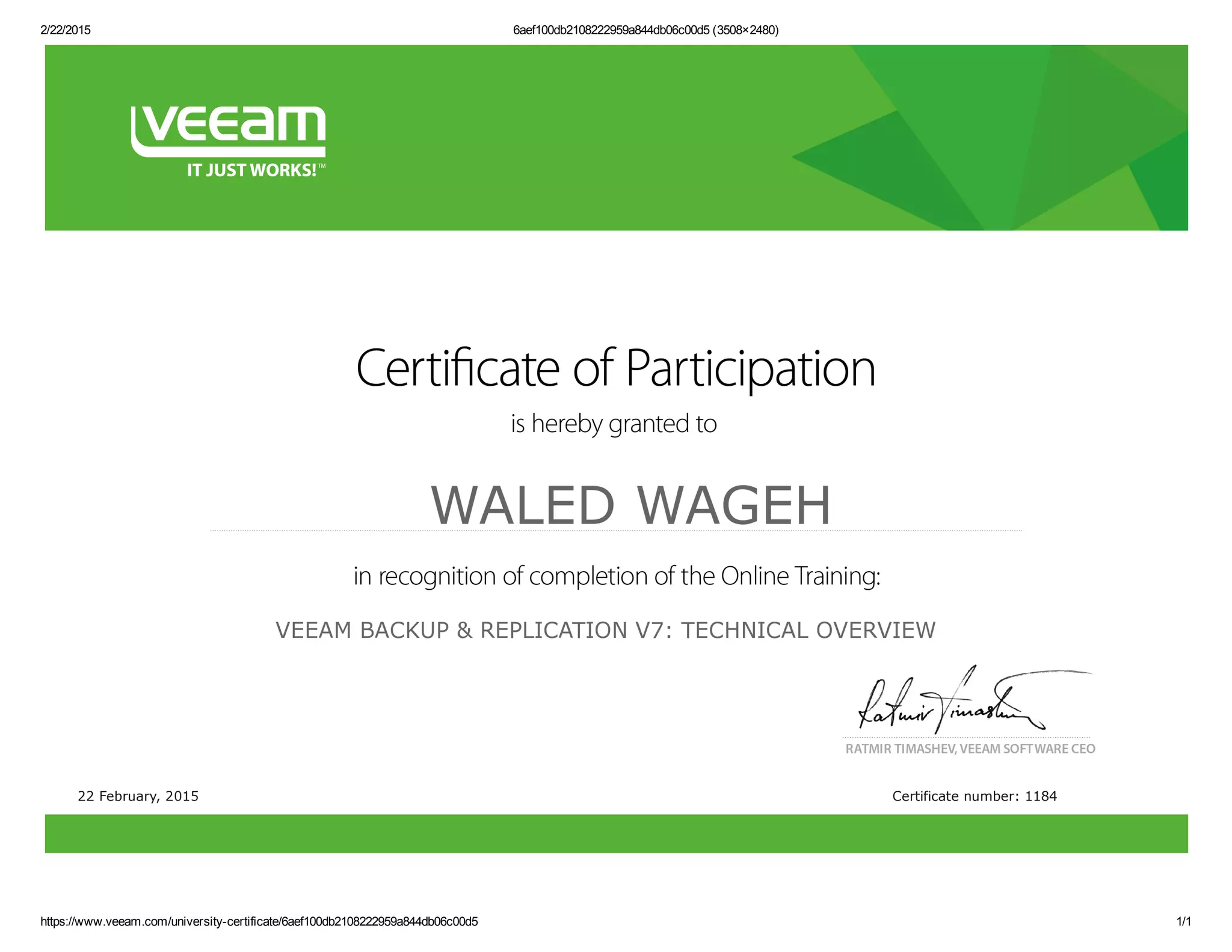 Veeam Certificate of Backup and Replication V7 | PDF