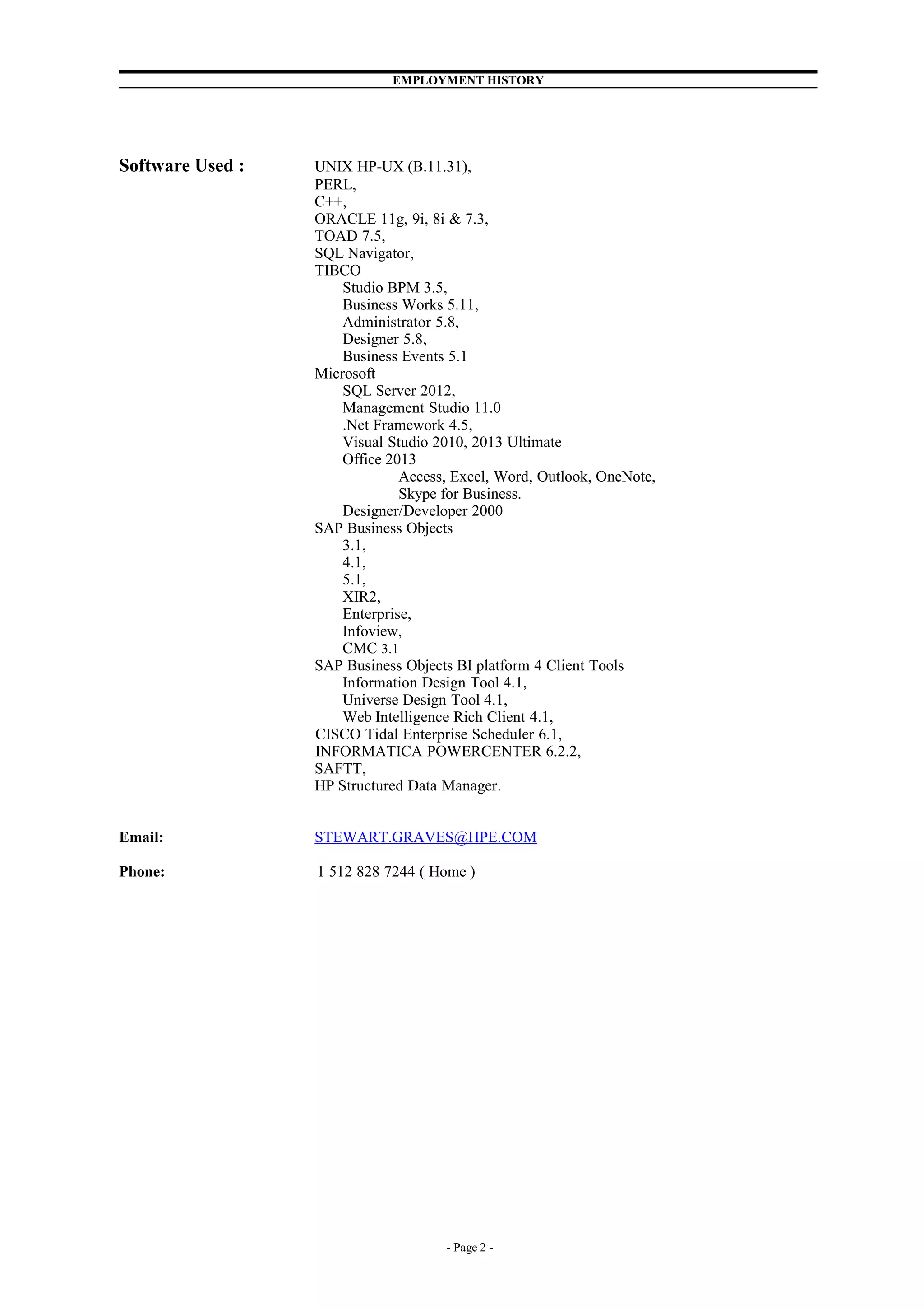 Stewart Graves Short Resume | DOC | Databases | Computer Software and Applications