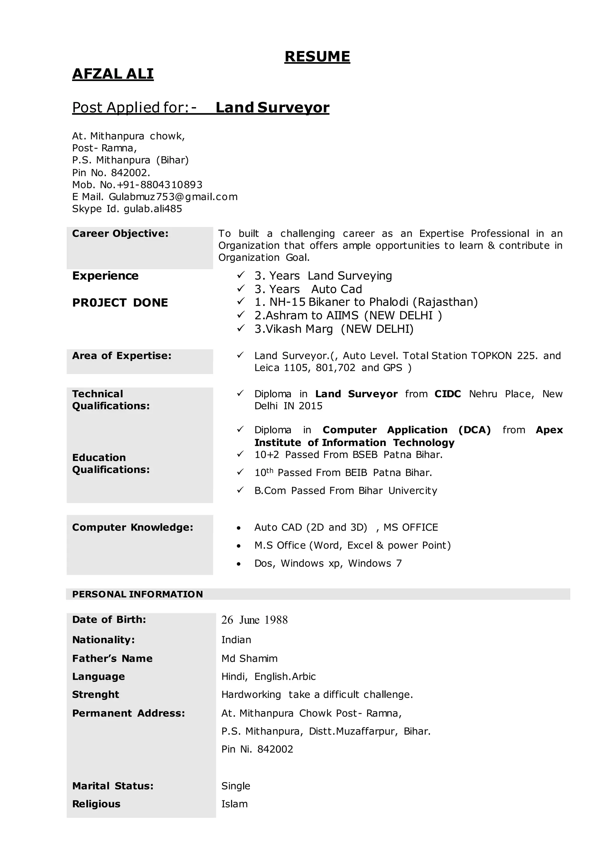 LAND_SURVEYOR_(AFZAL_)[1] | DOCX | Real Estate